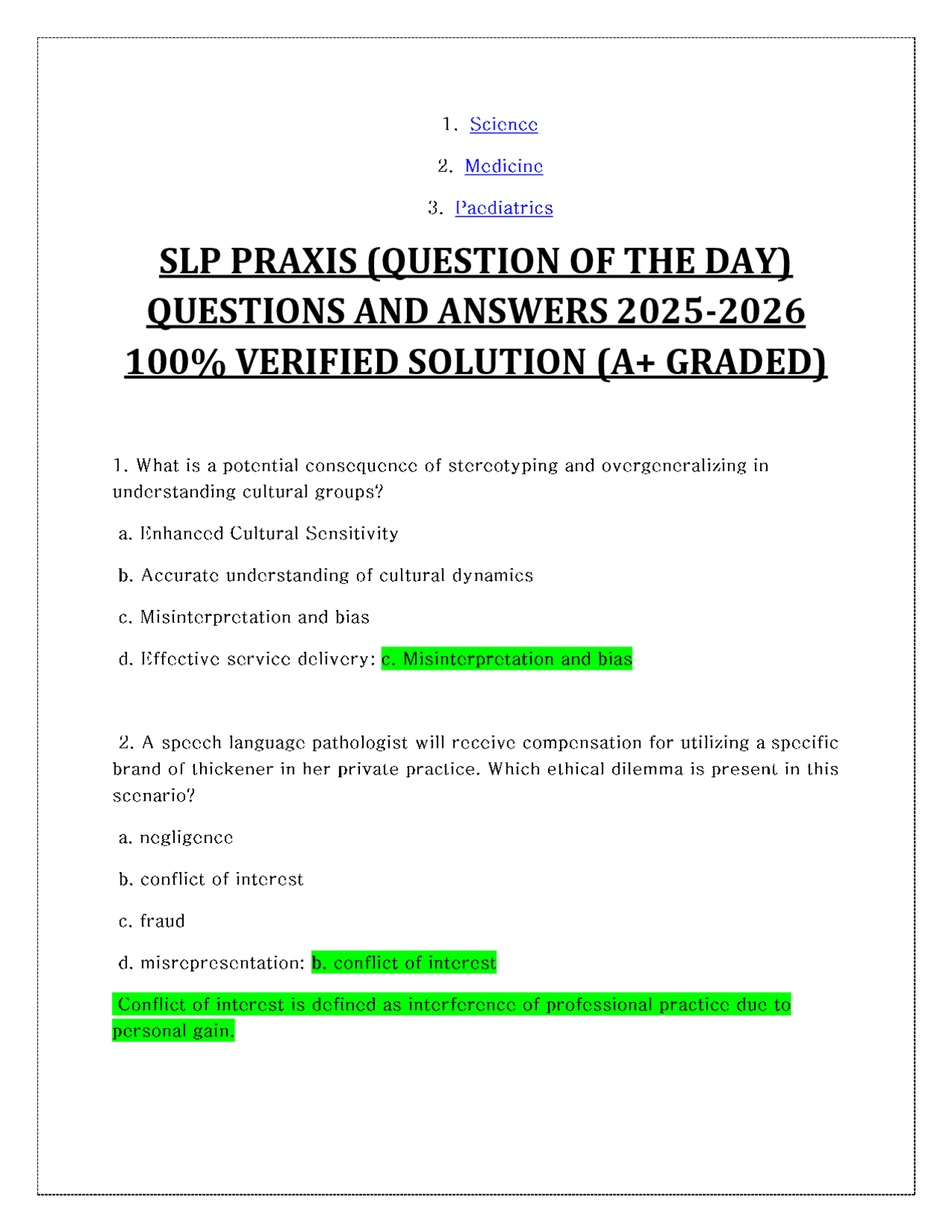 SLP PRAXIS (QUESTION OF THE DAY) QUESTIONS AND ANSWERS 2025-2026 100% ...