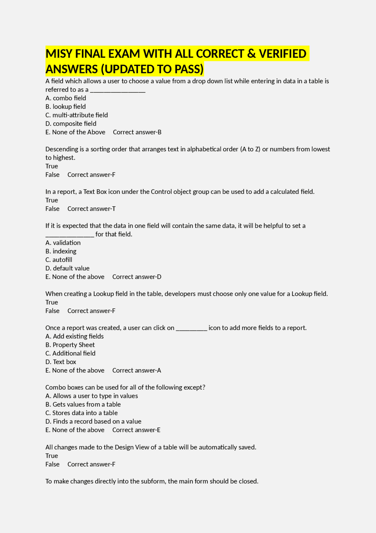 MISY FINAL EXAM WITH ALL CORRECT & VERIFIED ANSWERS (UPDATED TO PASS ...