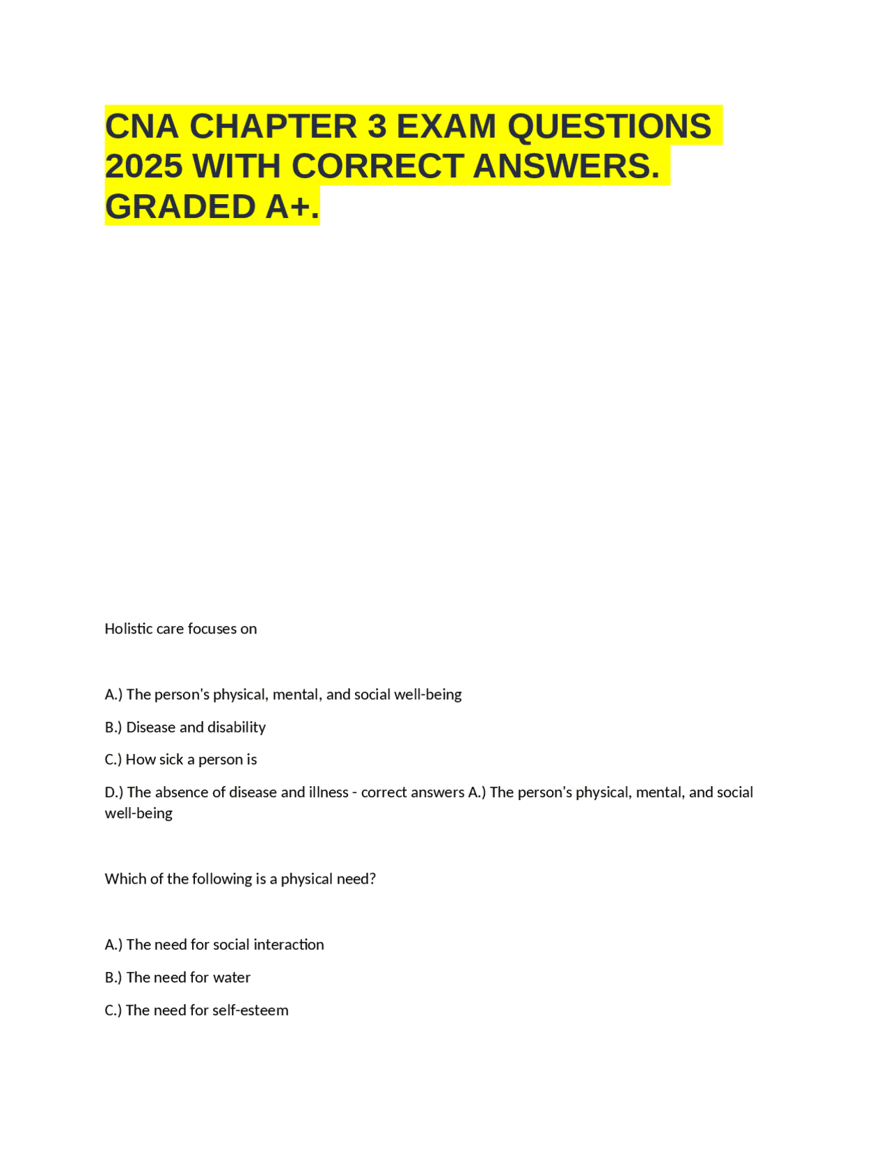 CNA CHAPTER 3 EXAM QUESTIONS 2025 WITH CORRECT ANSWERS. GRADED A+. | Exams Nursing | Docsity