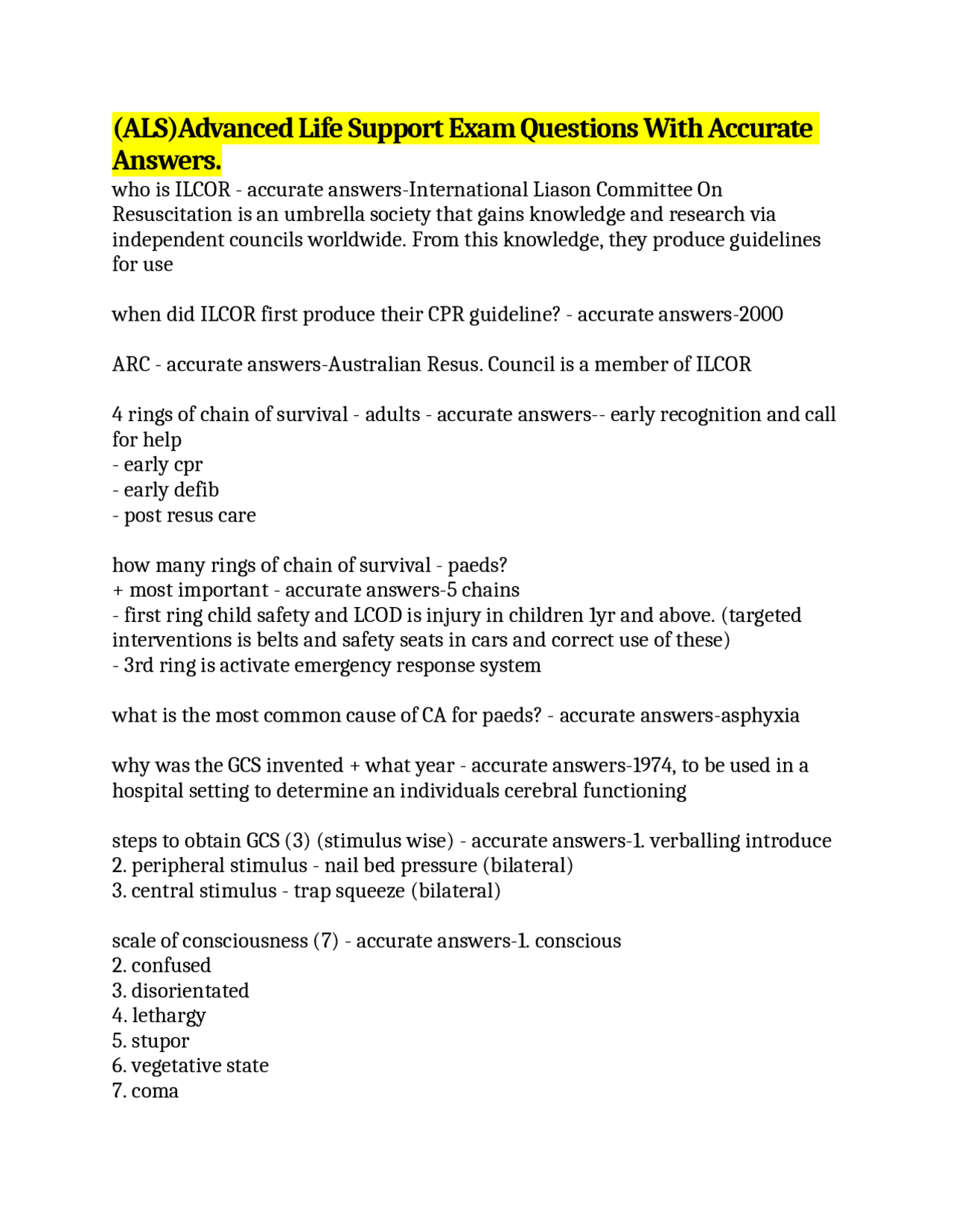 (ALS)Advanced Life Support Exam Questions With Accurate Answers ...