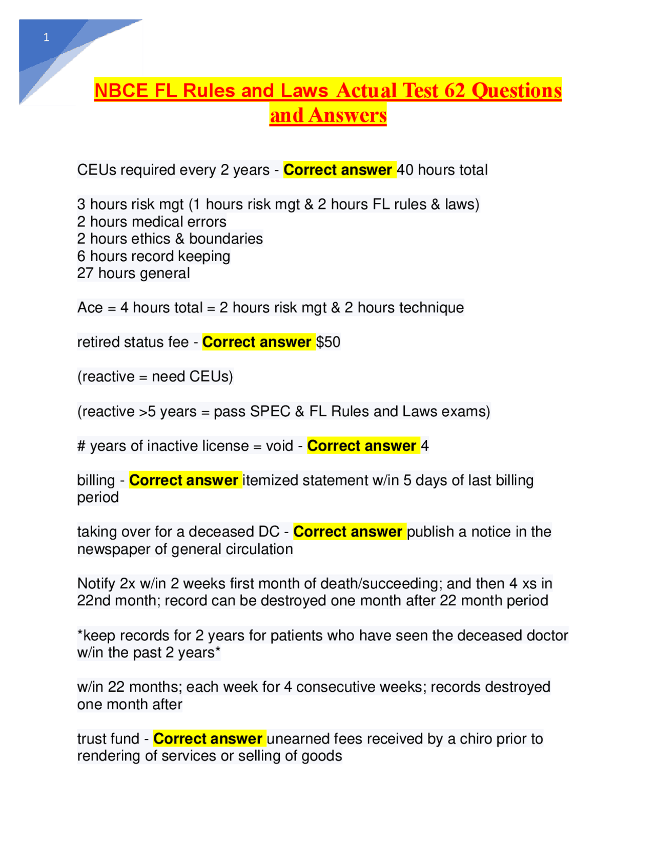 NBCE FL Rules and Laws Actual Test 62 Questions and Answers | Exams ...