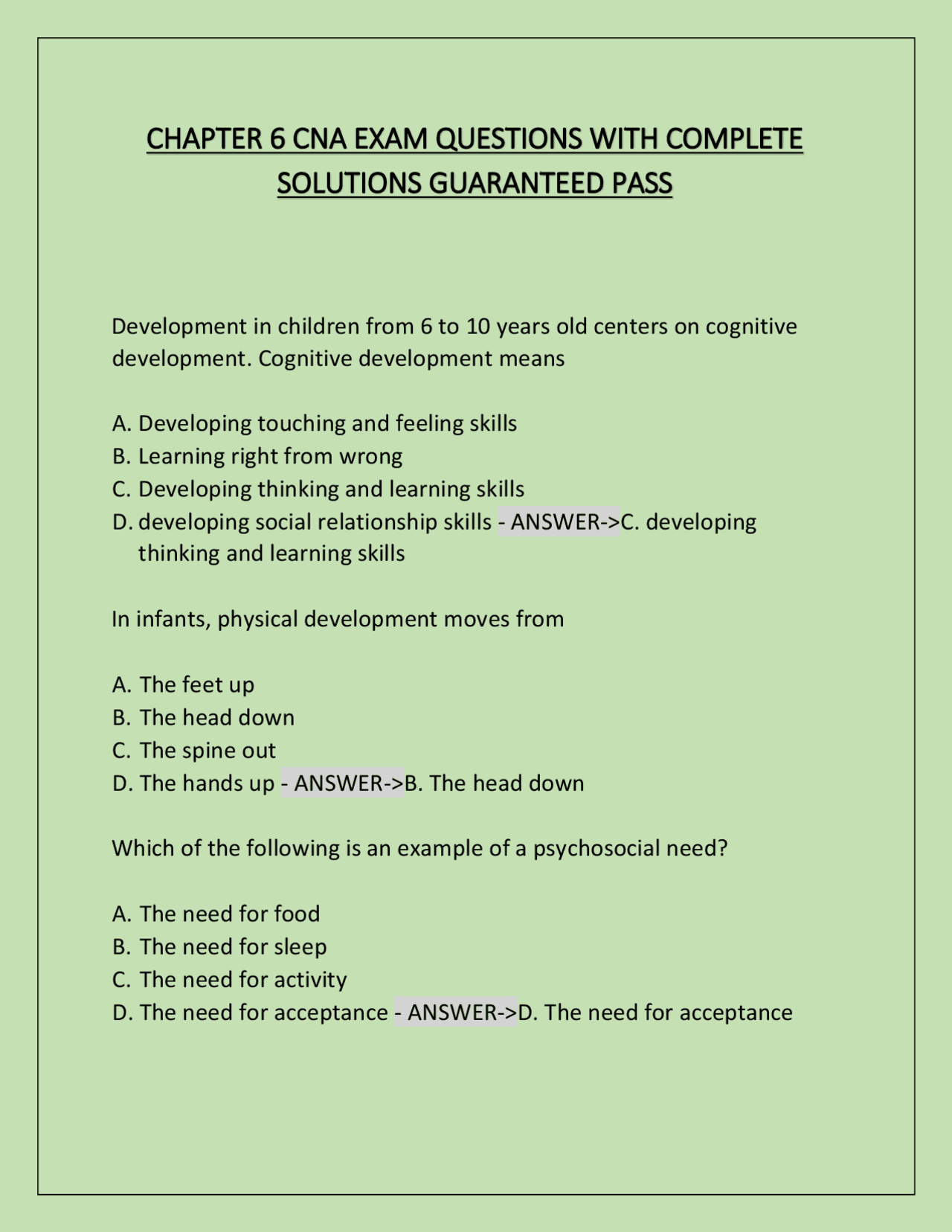 CHAPTER 6 CNA EXAM QUESTIONS WITH COMPLETE SOLUTIONS GUARANTEED PASS | Exams Nursing | Docsity