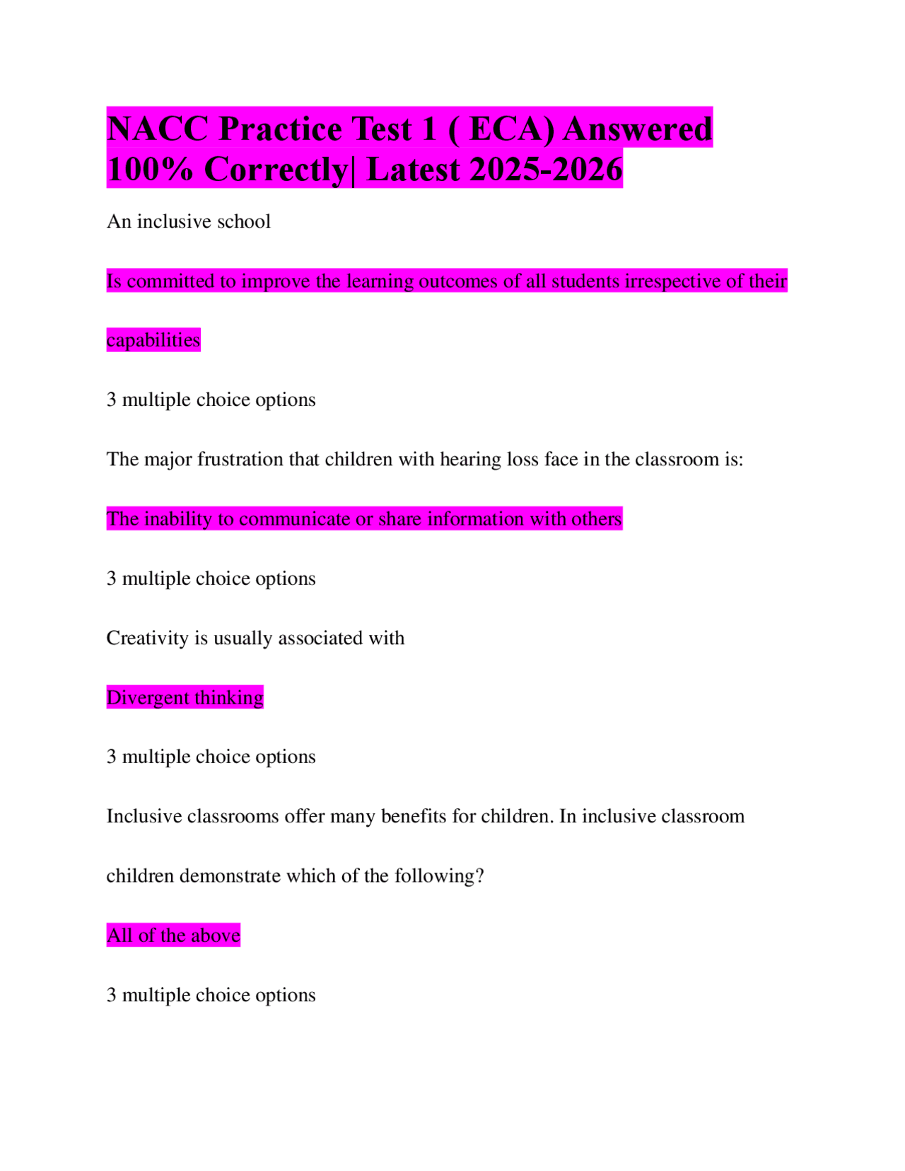 NACC Practice Test 1 ( ECA) Answered 100% Correctly| Latest 2025-2026 ...