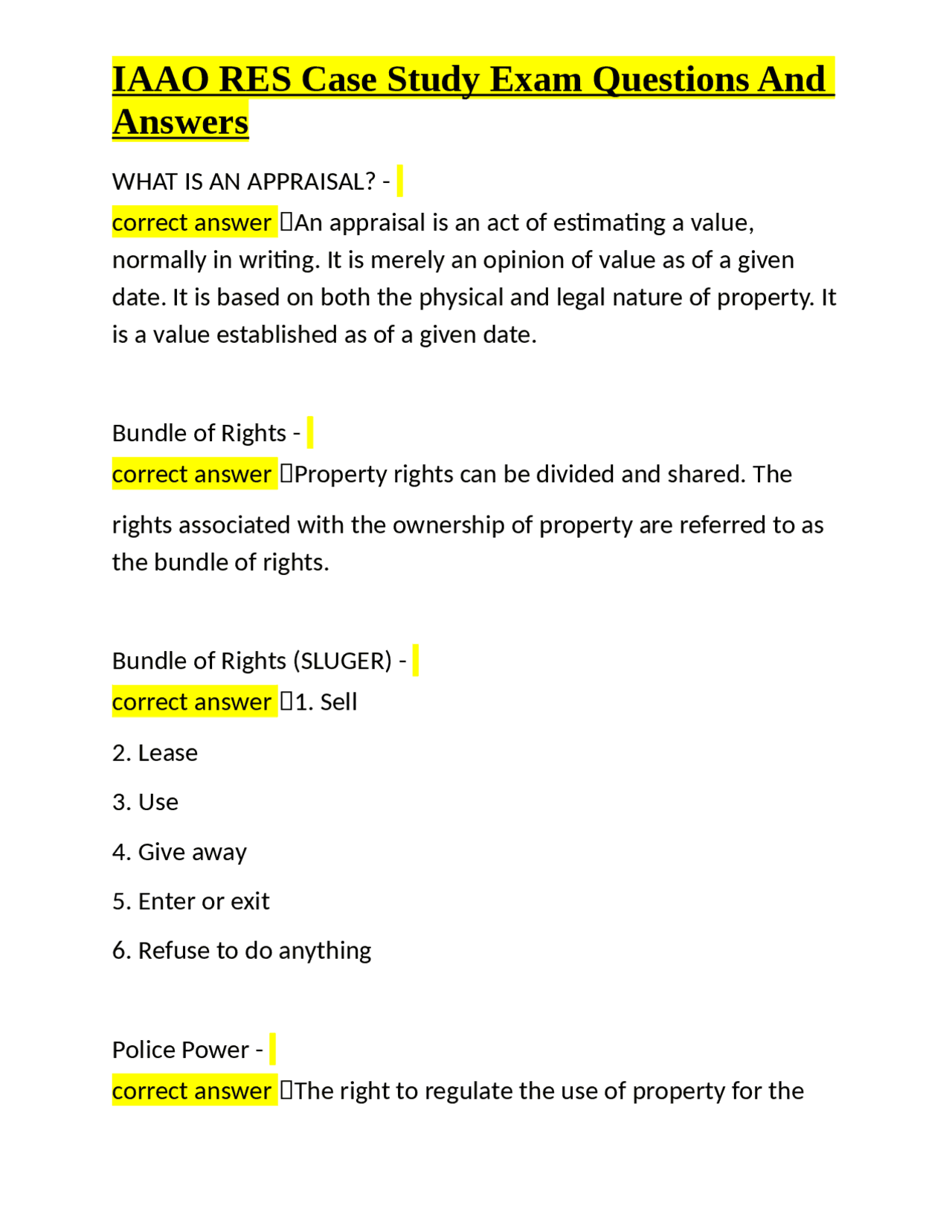 IAAO RES Case Study Exam Questions And Answers | Exams Economics | Docsity