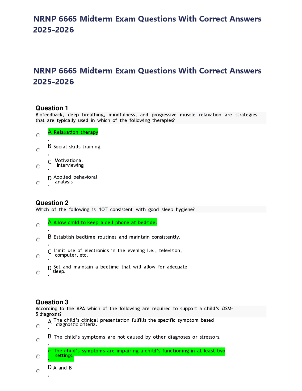 NRNP 6665 Midterm Exam Questions With Correct Answers 2025-2026 | Exams Nursing | Docsity