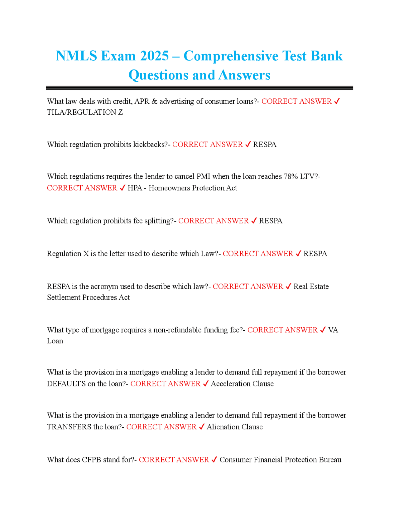 NMLS Exam Prep: Comprehensive Q&A Test Bank 2025 | Exams Lease Finance ...