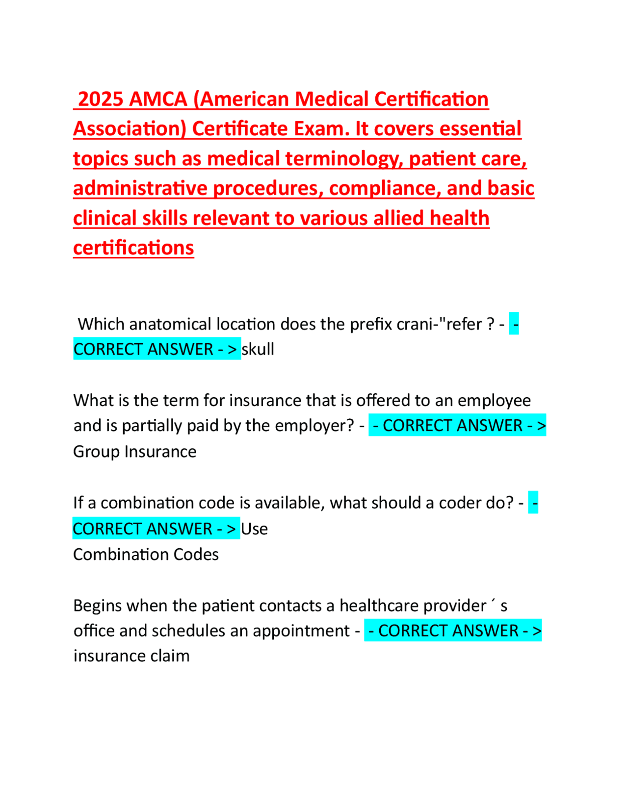 2025 AMCA (American Medical Certification Association) Certificate Exam ...