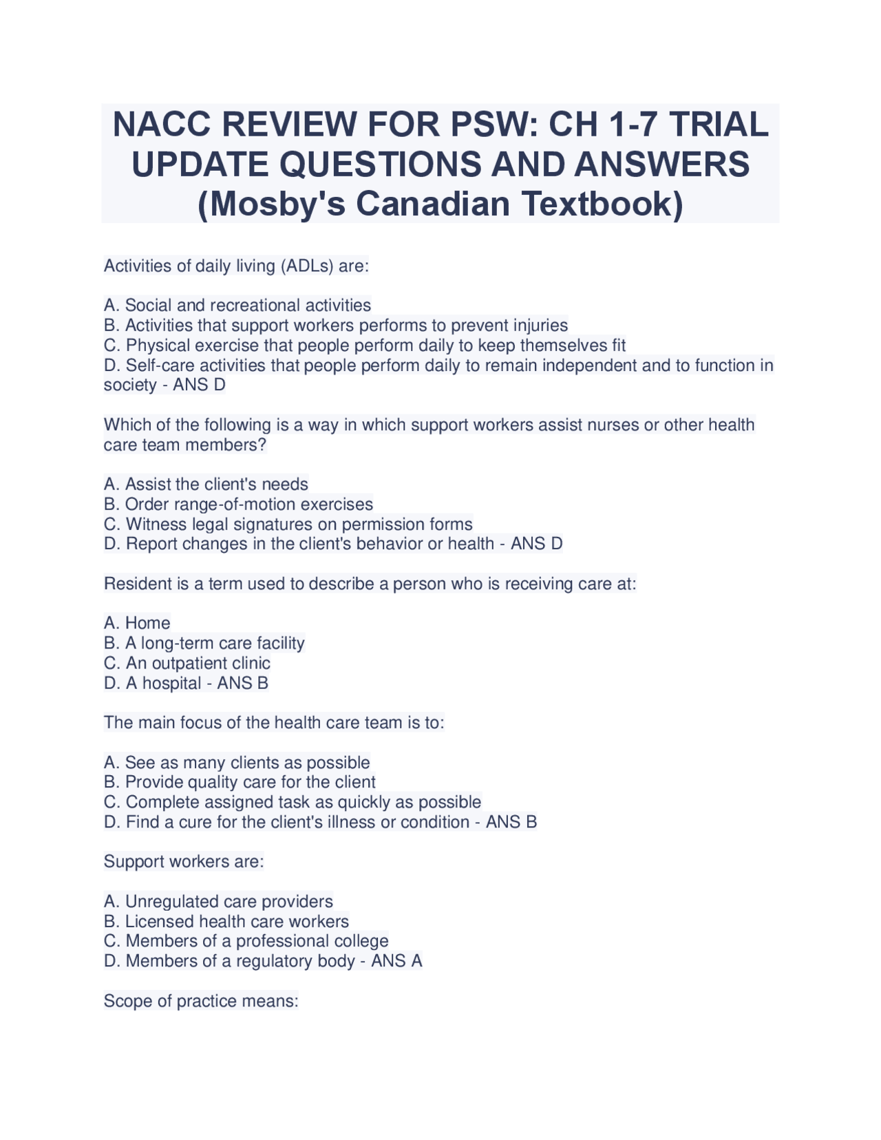 NACC REVIEW FOR PSW: CH 1-7 TRIAL UPDATE QUESTIONS AND ANSWERS (Mosby's ...