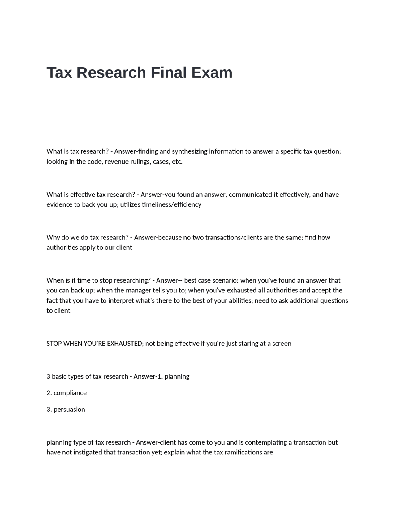 Tax Research Final Exam Questions and Answers | Exams Nursing | Docsity