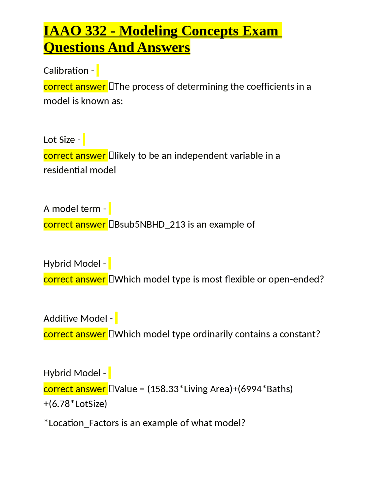 IAAO 332 - Modeling Concepts Exam Questions And Answers | Exams Economics | Docsity
