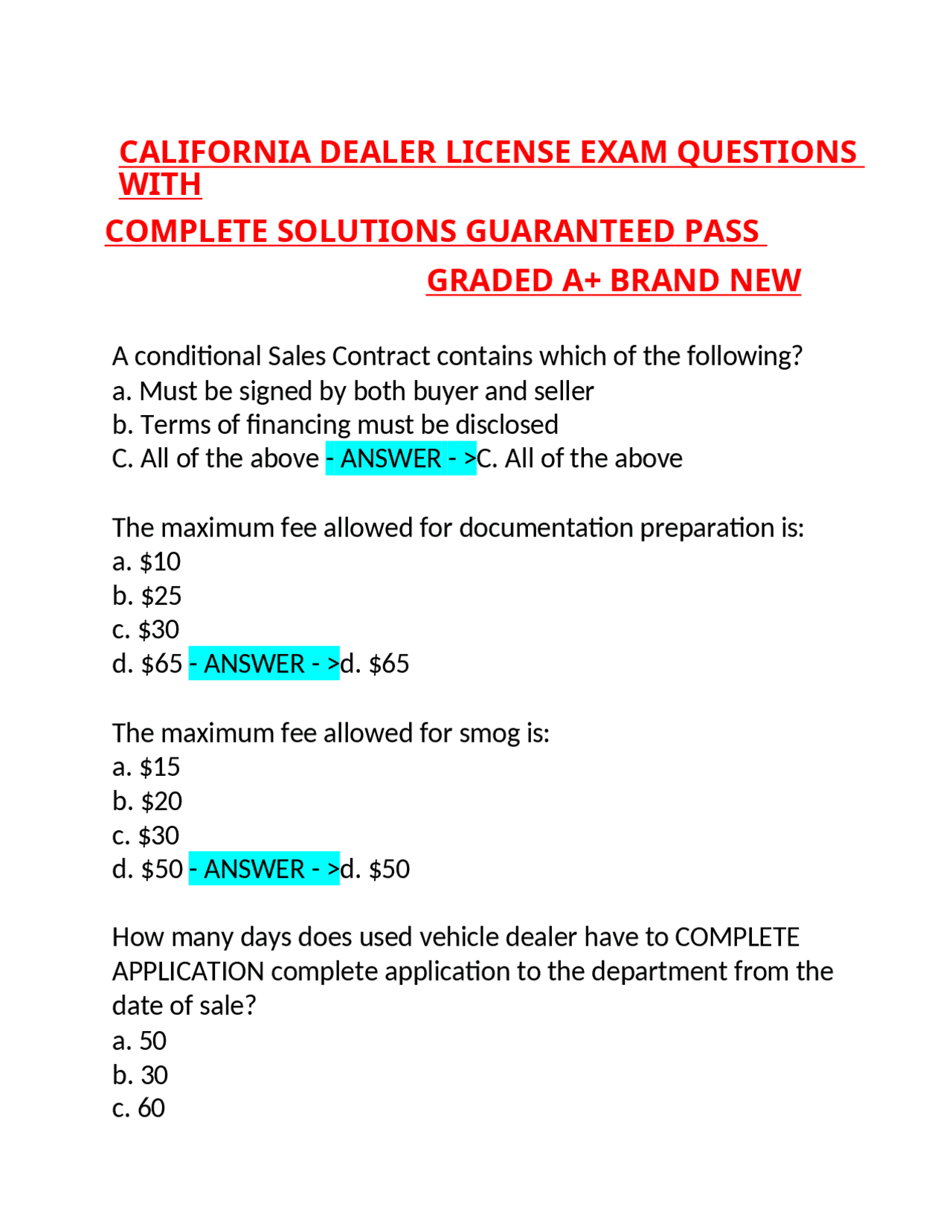 CALIFORNIA DEALER LICENSE EXAM QUESTIONS WITH COMPLETE SOLUTIONS ...
