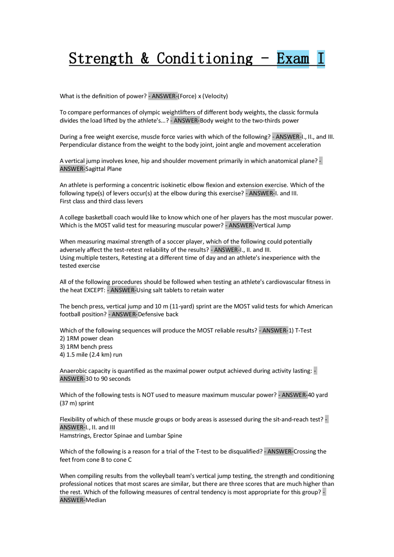 Strength & Conditioning- Exam I | Exams Nursing | Docsity