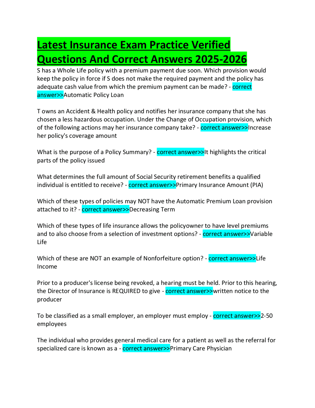 Latest Insurance Exam Practice Verified Questions And Correct Answers ...