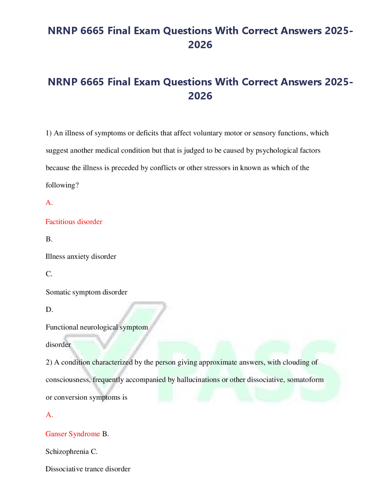 NRNP 6665 Final Exam Questions With Correct Answers 2025-2026 | Exams Nursing | Docsity