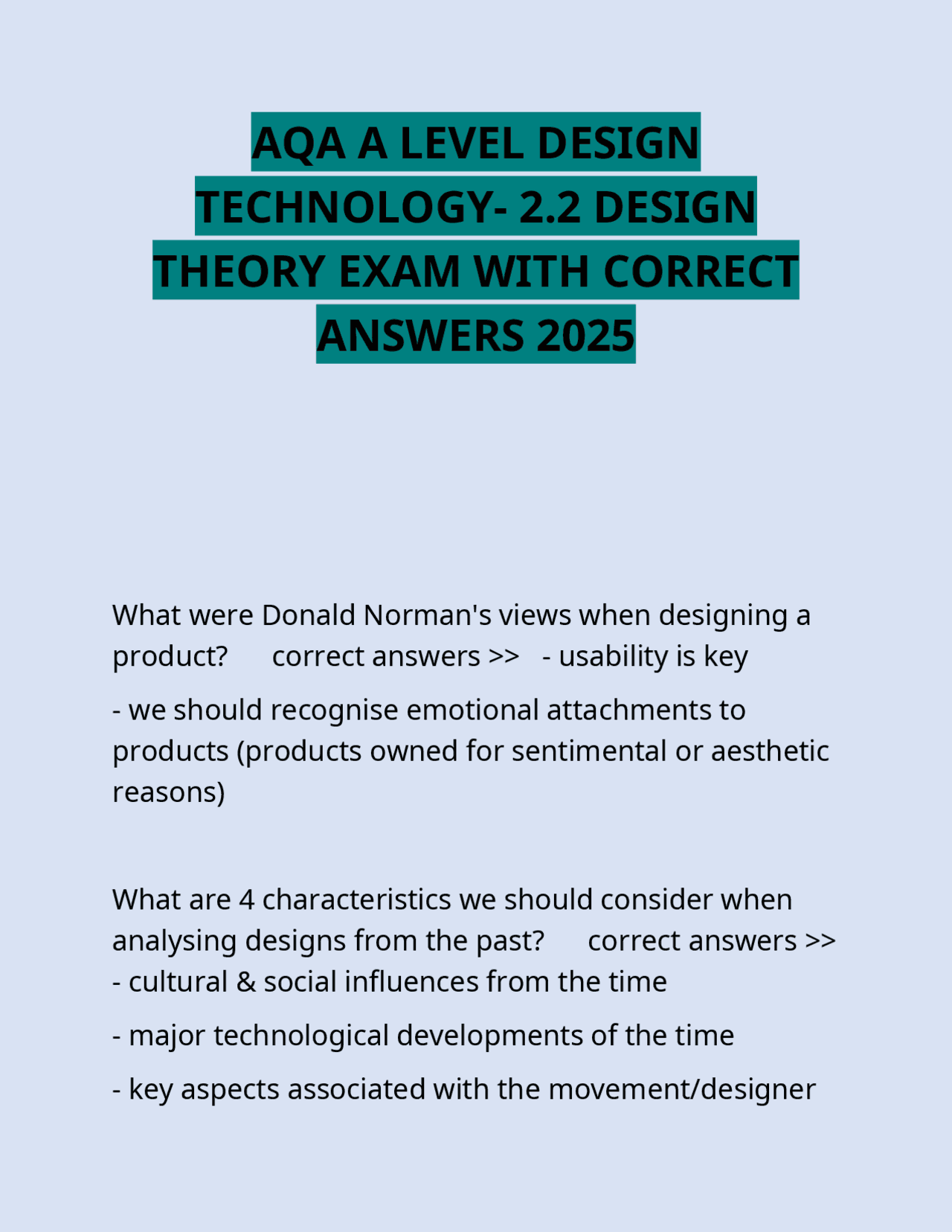 AQA A LEVEL DESIGN TECHNOLOGY- 2.2 DESIGN THEORY EXAM WITH CORRECT ANSWERS 2025 | Exams Advanced ...