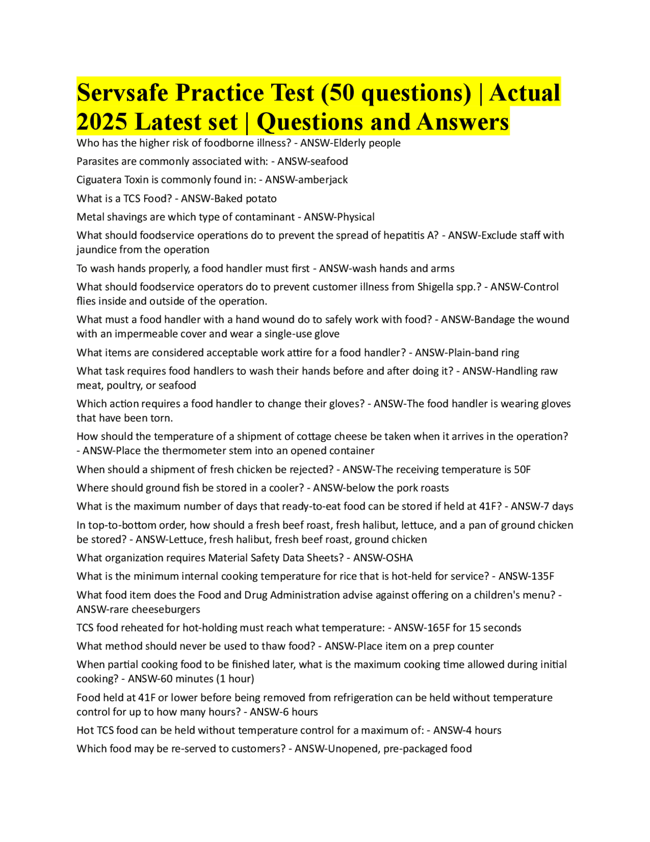 ServSafe Practice Test: 50 Questions and Answers for Food Safety ...