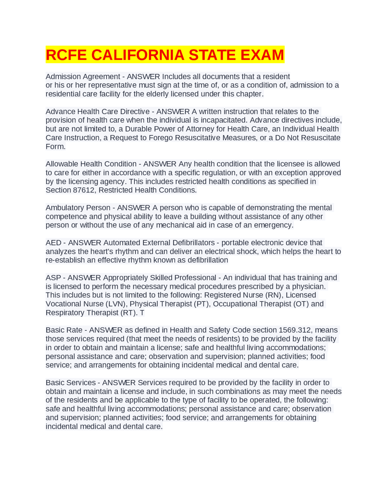 Key Definitions for California RCFE State Exam: Regulatory Compliance ...