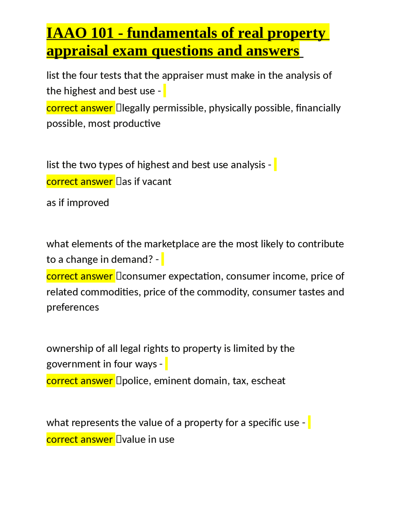 IAAO 101 - fundamentals of real property appraisal exam questions and ...