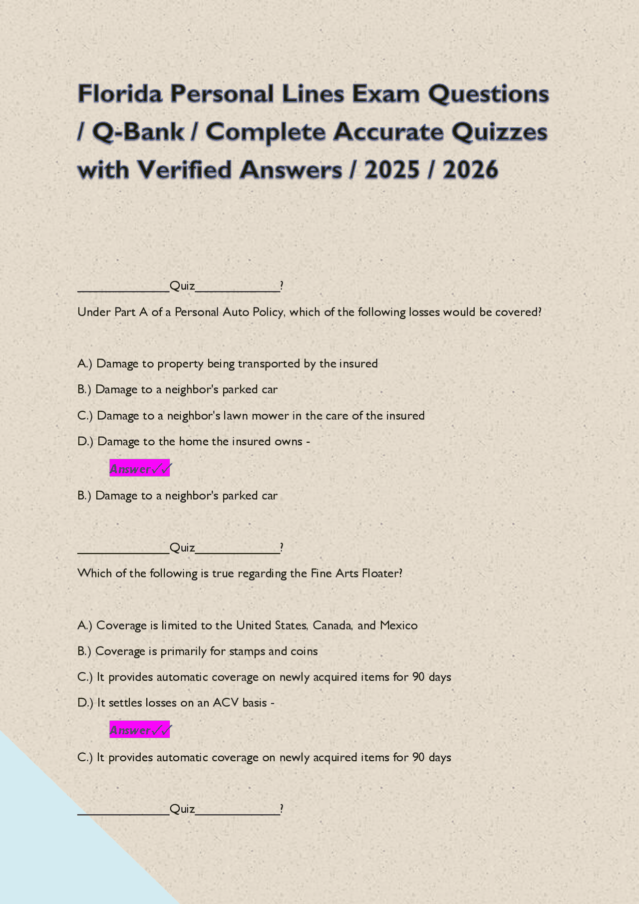 Florida Personal Lines Exam Questions / Q-Bank / Complete Accurate ...