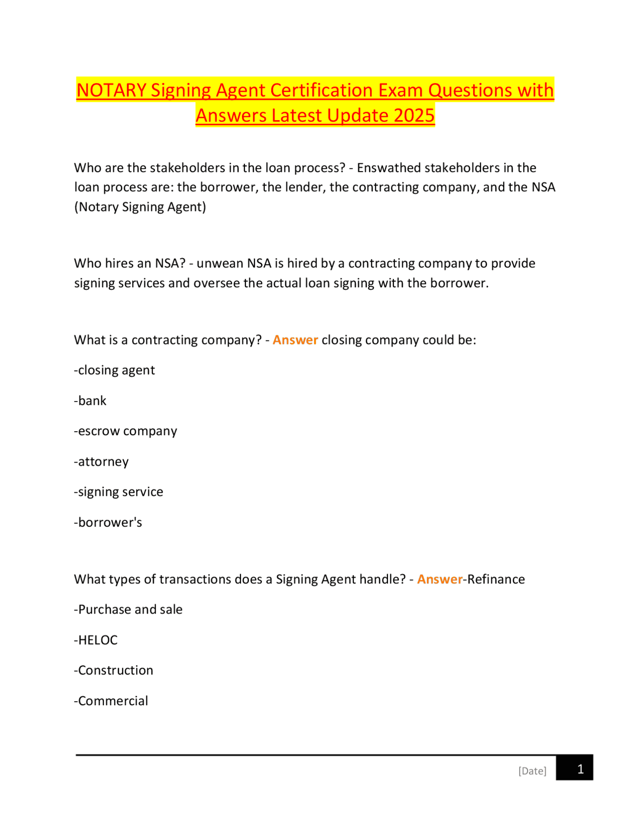 Notary Signing Agent Certification Exam: Q&A Guide 2025 | Exams Nursing ...