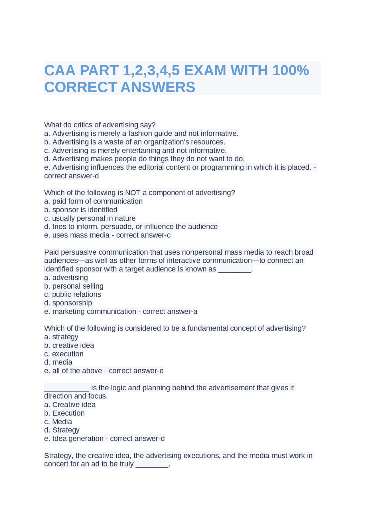 CAA PART 1,2,3,4,5 EXAM WITH 100% CORRECT ANSWERS. | Exams Advanced ...