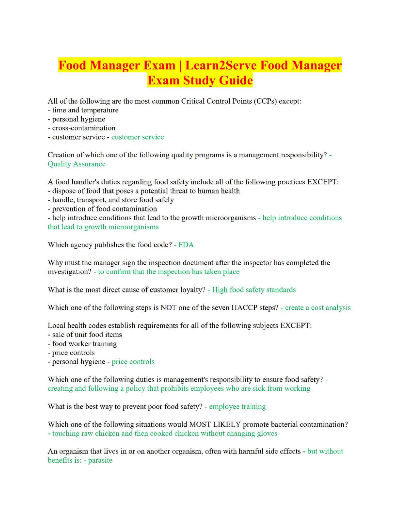 Food Manager Exam Learn2serve Food Manager Exam Study Guide | Exams ...