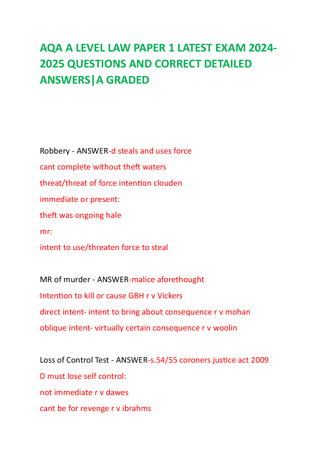 A-Level Law Exam Questions and Answers: Criminal Law and Defenses ...