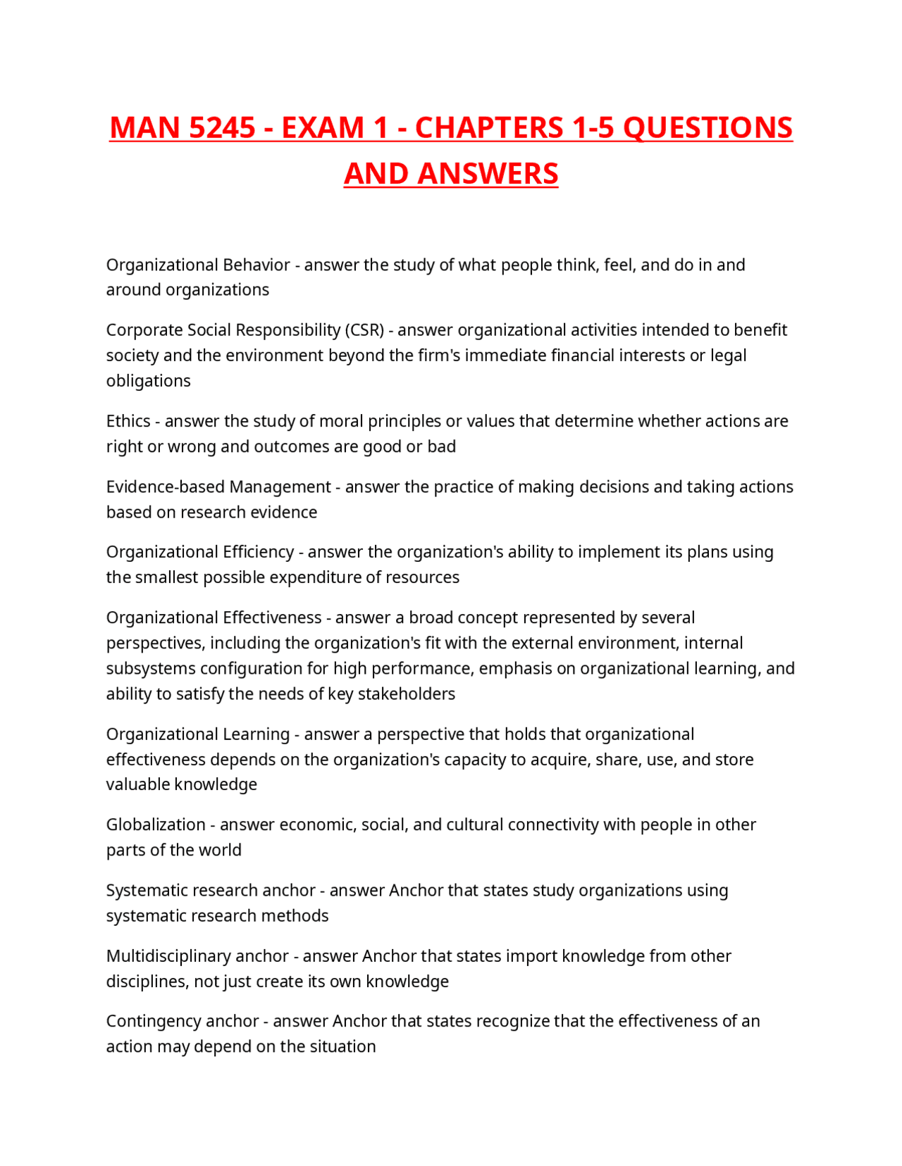 MAN 5245 - EXAM 1 - CHAPTERS 1-5 QUESTIONS AND ANSWERS. | Exams ...