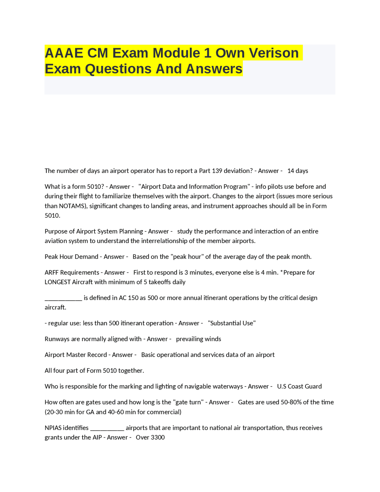 AAAE CM Exam Module 1 Own Verison Exam Questions And Answers. | Exams ...