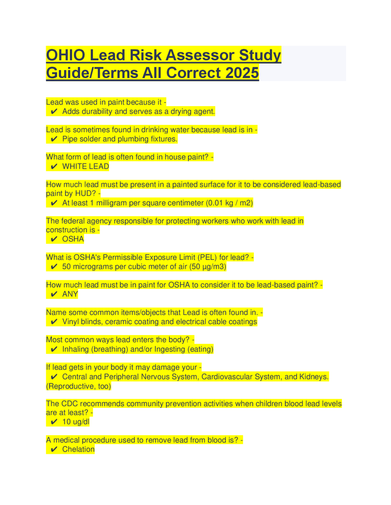 OHIO Lead Risk Assessor Study Guide ,Terms All Correct 2025.pdf | Exams ...