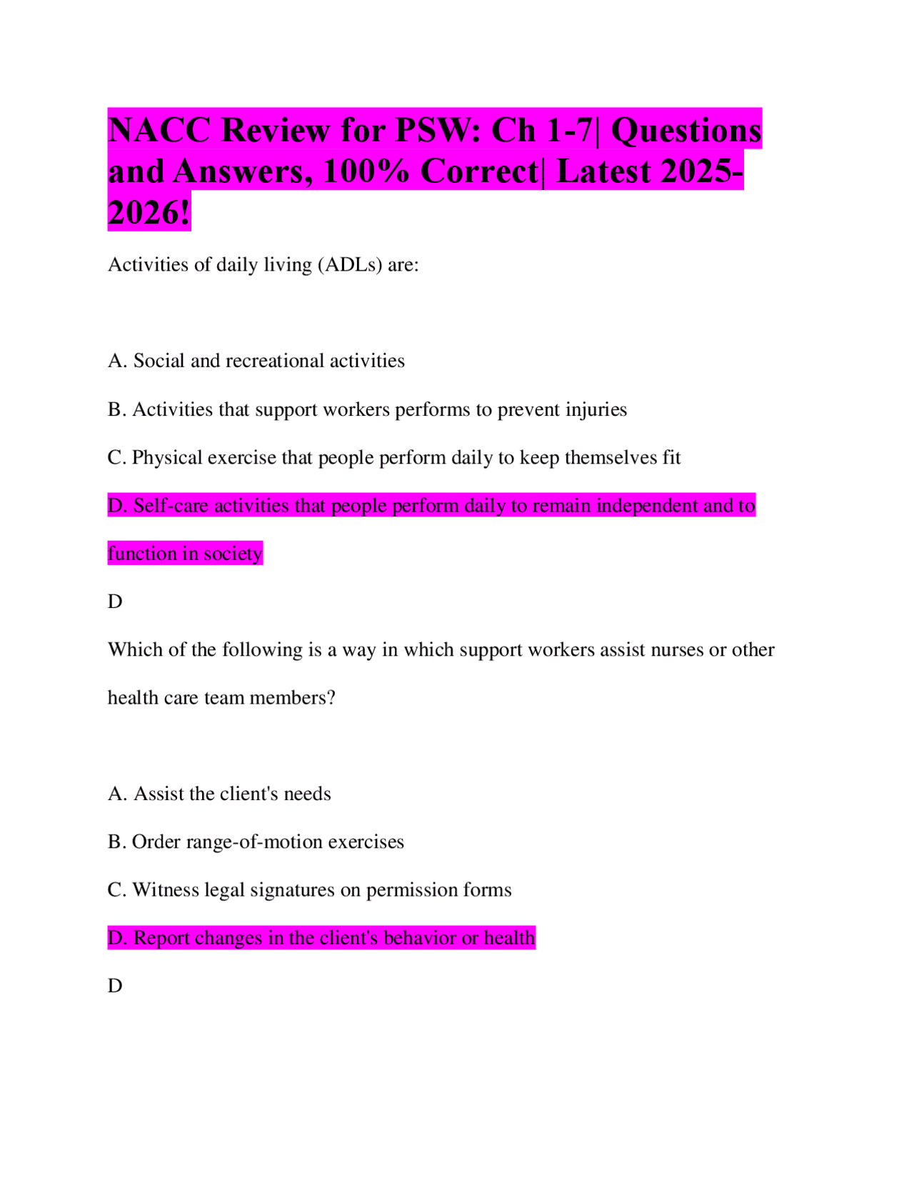 NACC Review for PSW: Ch 1-7| Questions and Answers, 100% Correct ...