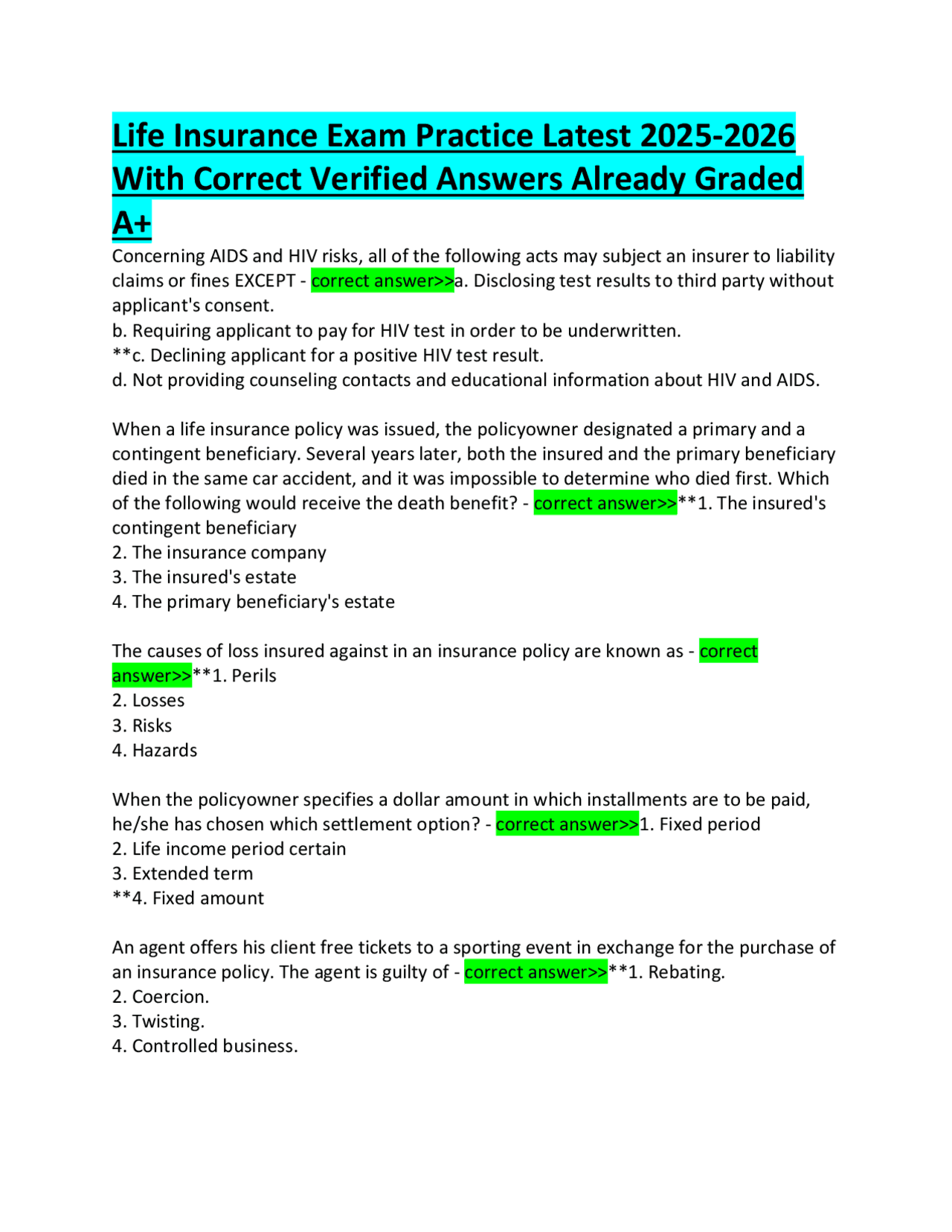Life Insurance Exam Practice Latest 2025-2026 With Correct Verified ...