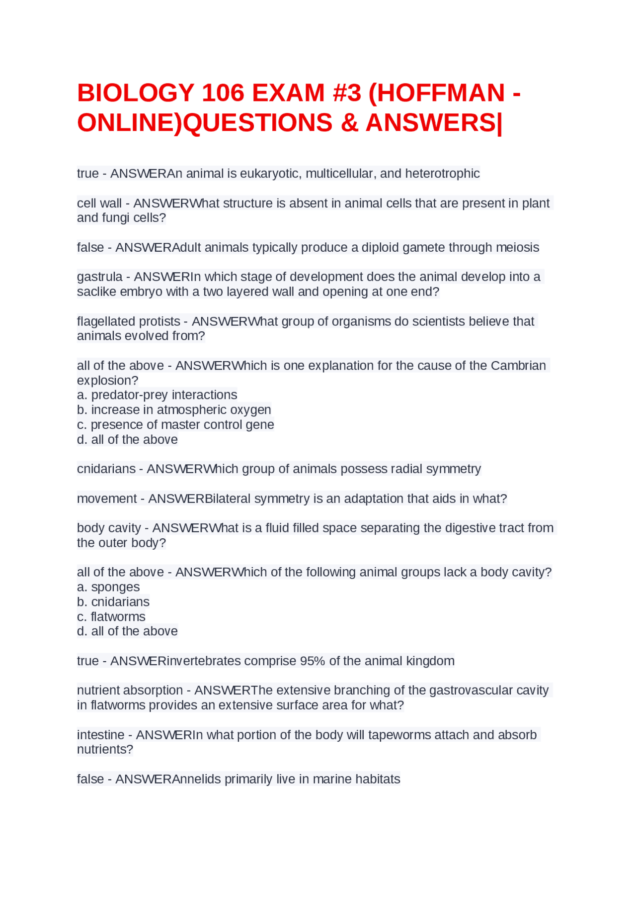 BIOLOGY 106 EXAM #3 (HOFFMAN - ONLINE)QUESTIONS & ANSWERS| | Exams Biology | Docsity