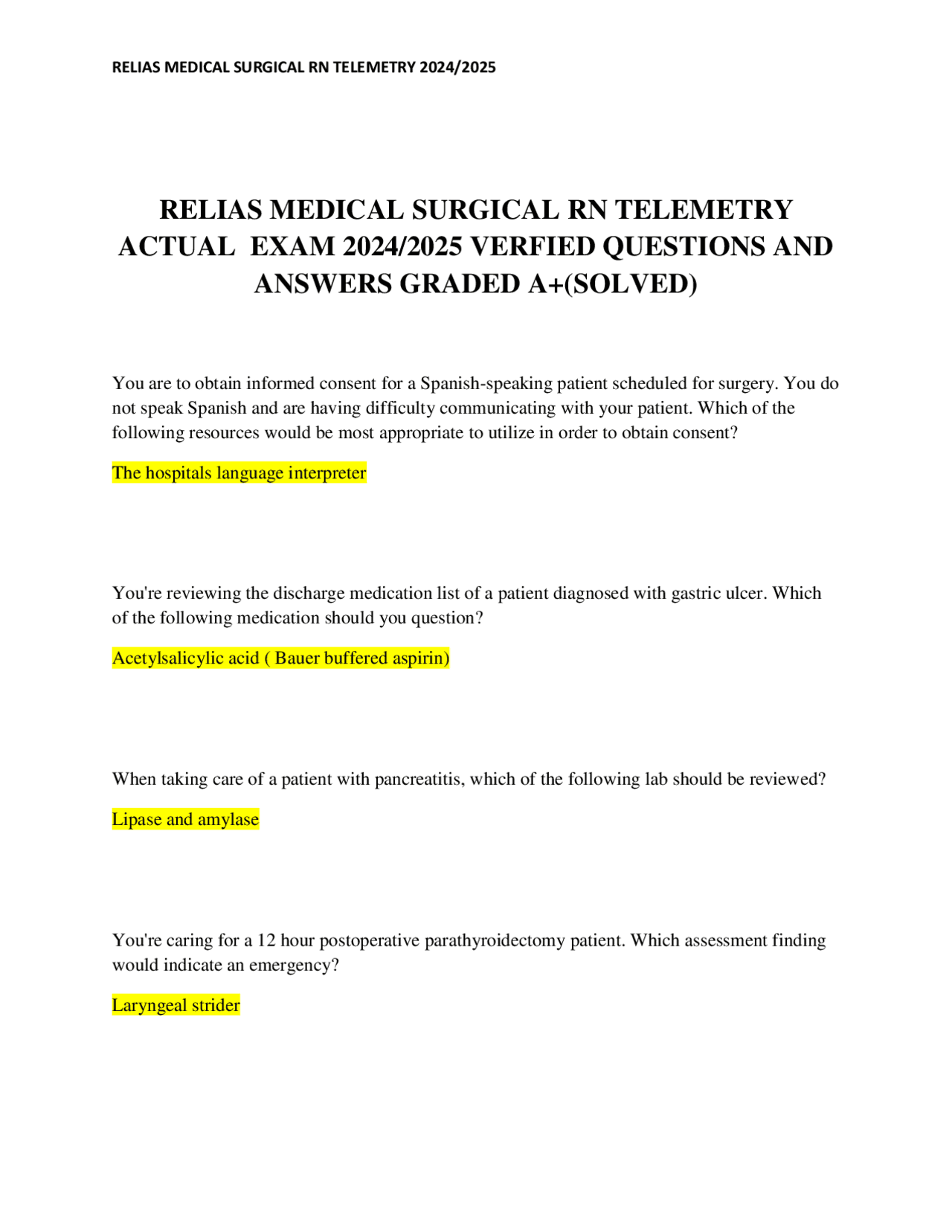 RELIAS MEDICAL SURGICAL RN TELEMETRY ACTUAL EXAM 2024/2025 VERFIED ...