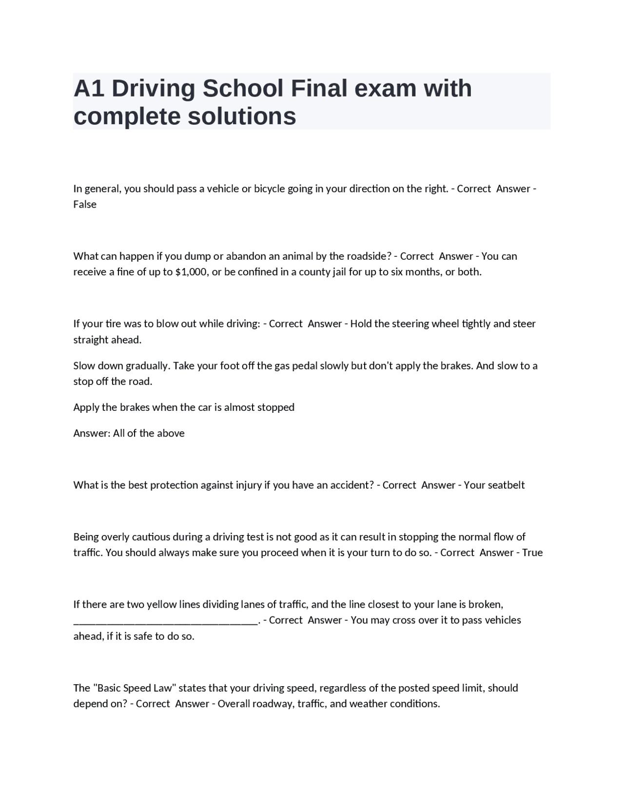 A1 Driving School Final exam with complete solutions. | Exams Nursing ...