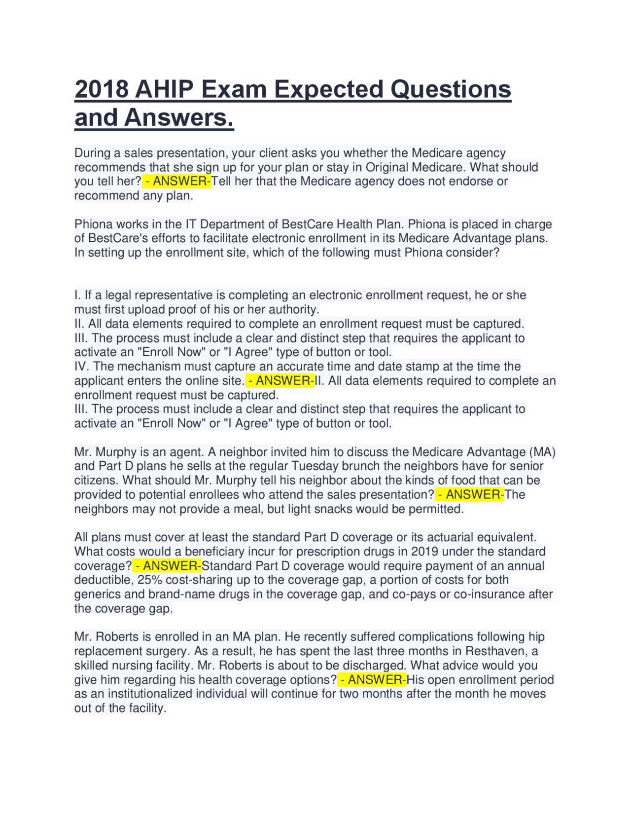 2018 AHIP Exam Expected Questions and Answers. | Exams Insurance law ...