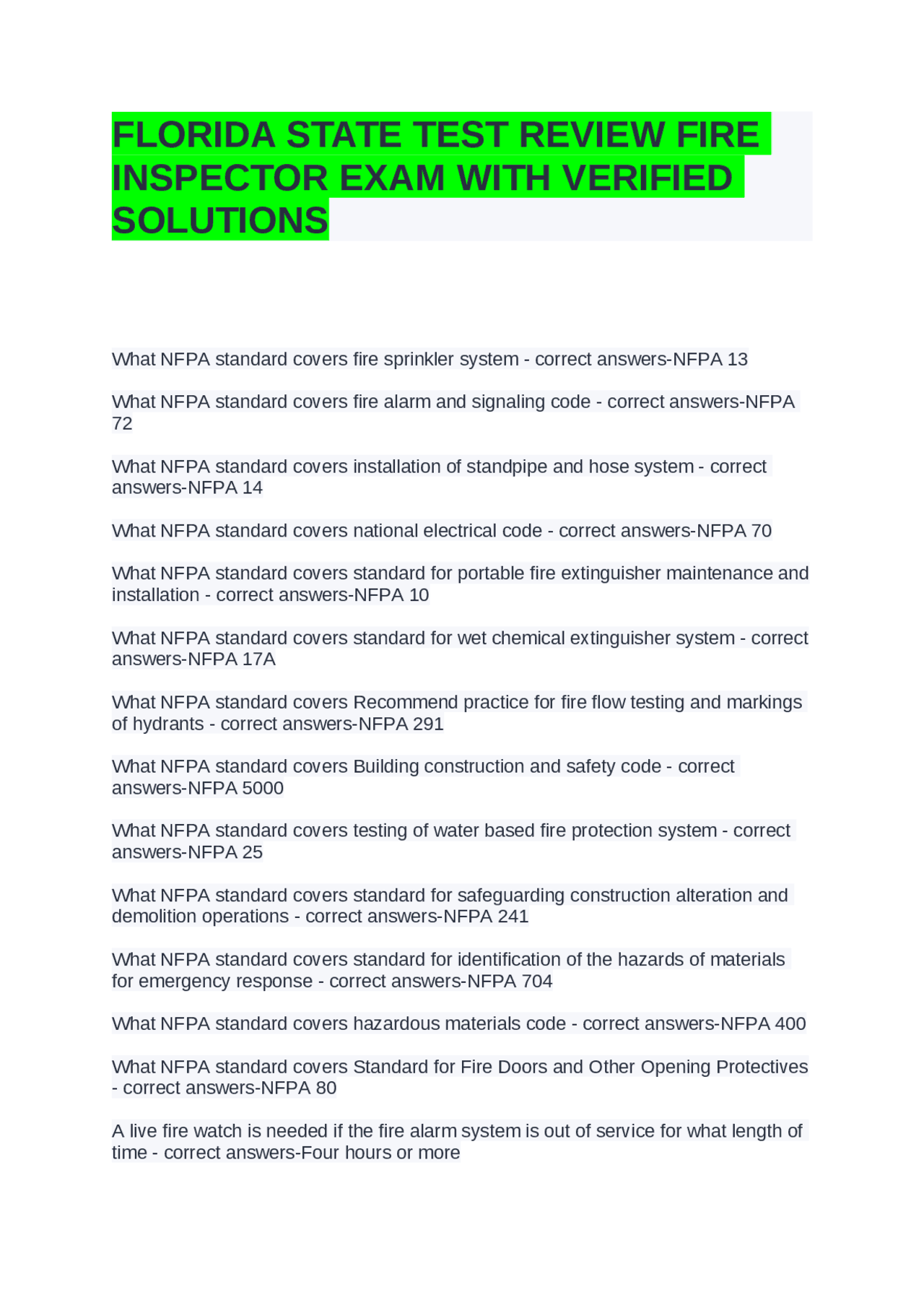 FLORIDA STATE TEST REVIEW FIRE INSPECTOR EXAM WITH VERIFIED SOLUTIONS ...
