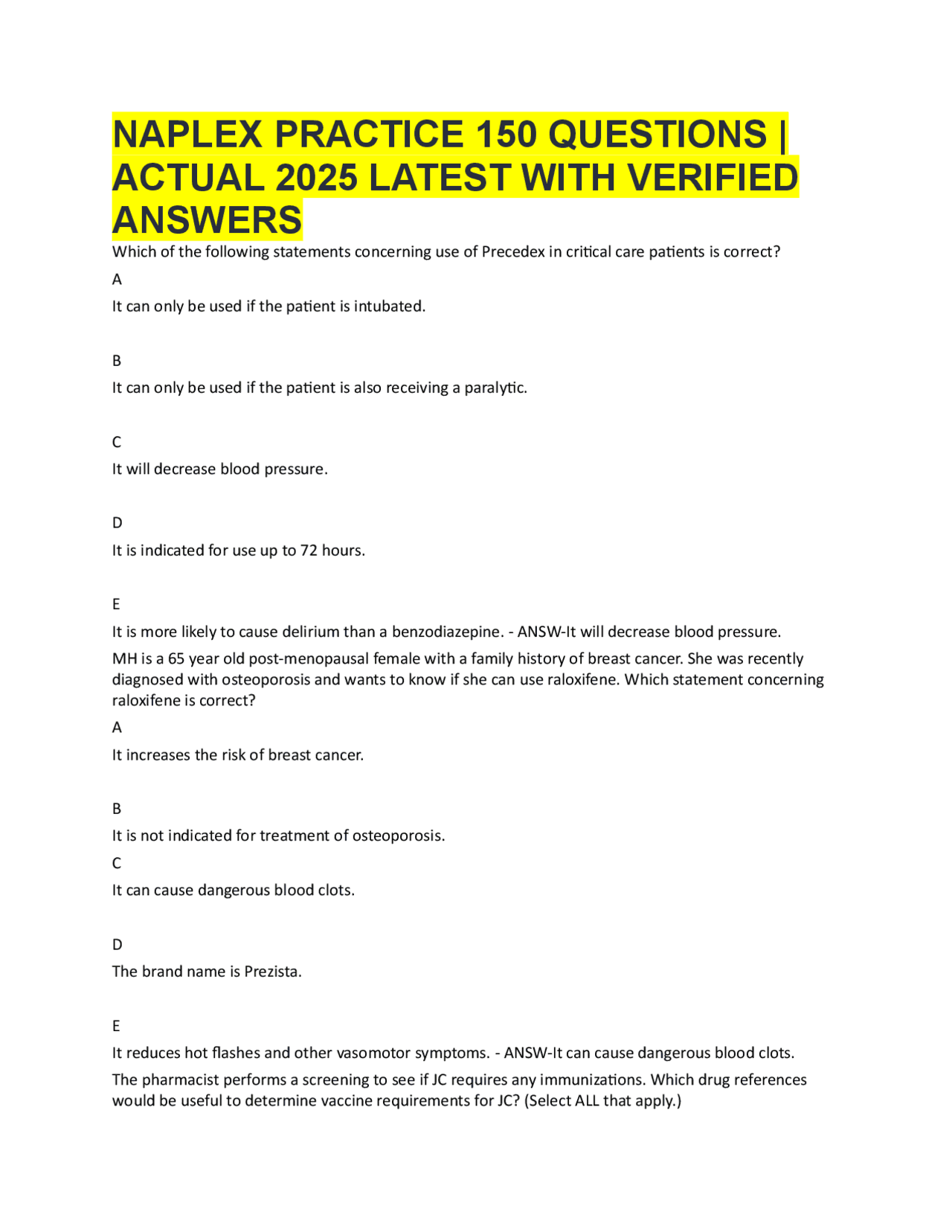 NAPLEX PRACTICE 150 QUESTIONS | ACTUAL 2025 LATEST WITH VERIFIED ...