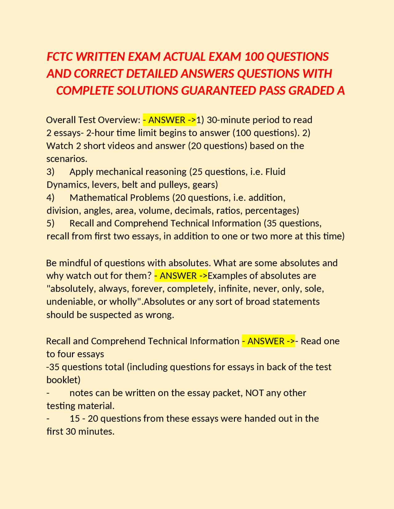 FCTC WRITTEN EXAM ACTUAL EXAM 100 QUESTIONS AND CORRECT DETAILED ...