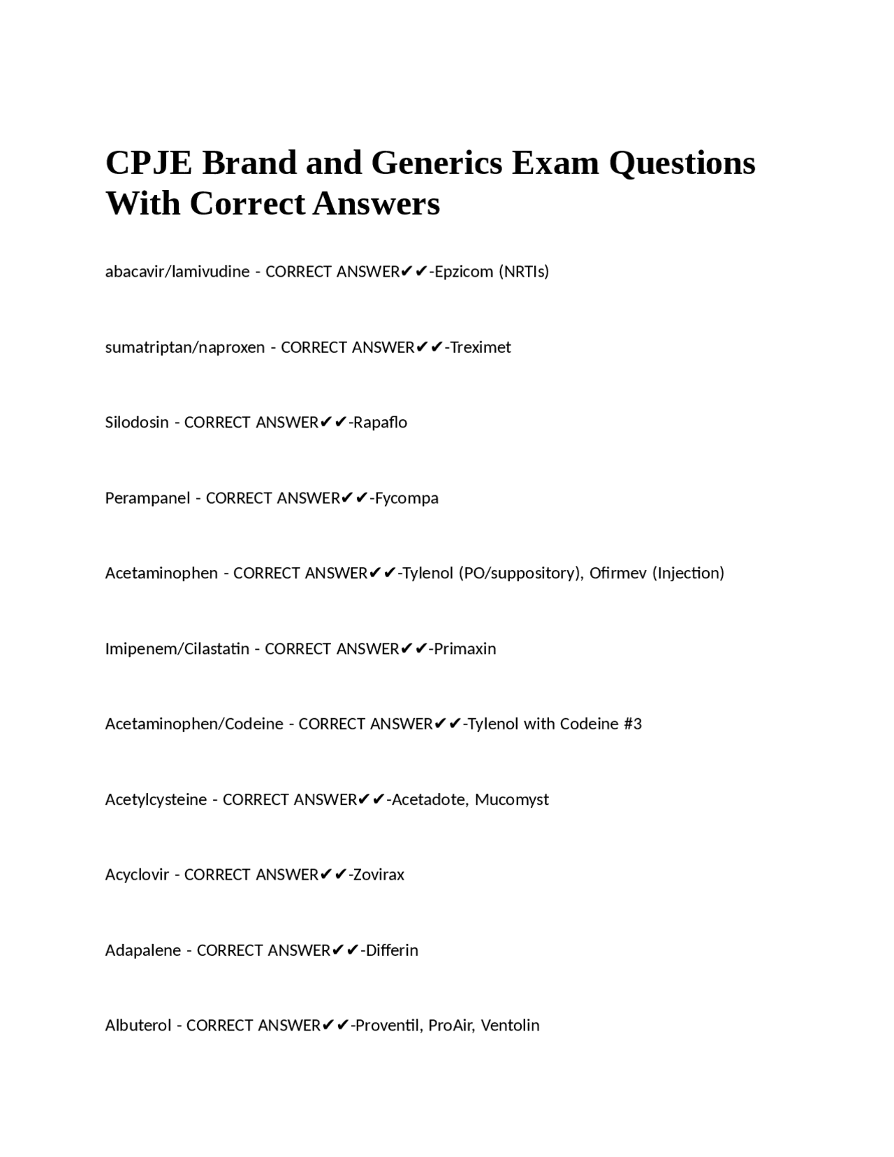 CPJE Brand and Generics Exam Questions With Correct Answers | Exams ...