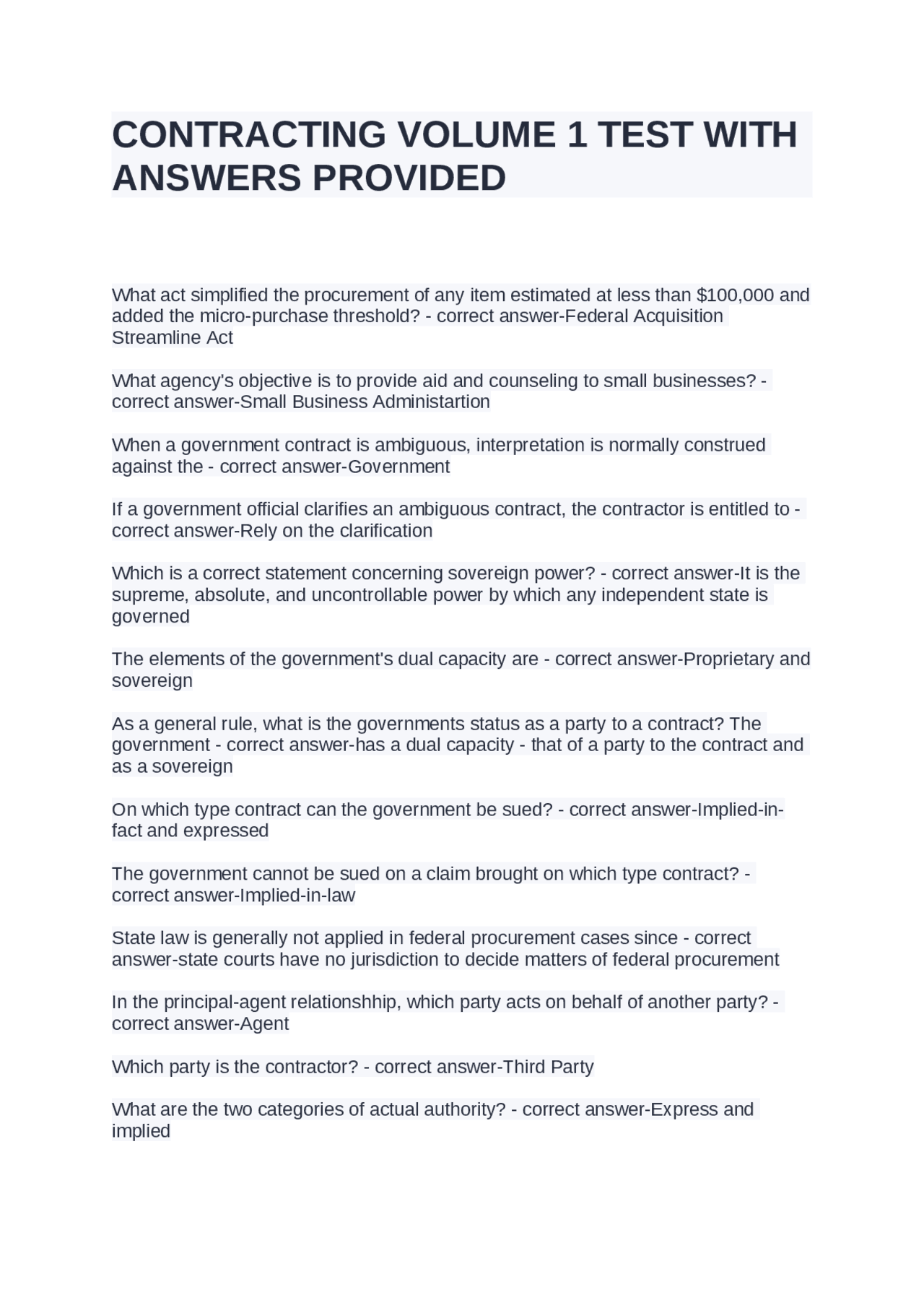 CONTRACTING VOLUME 1 TEST WITH ANSWERS PROVIDED. | Exams Advanced ...