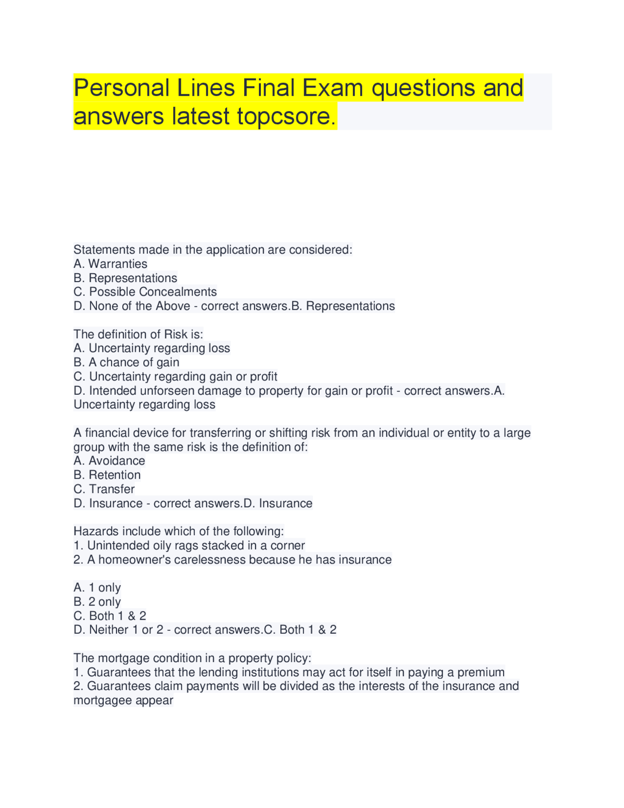 Personal Lines Final Exam questions and answers latest topcsore ...