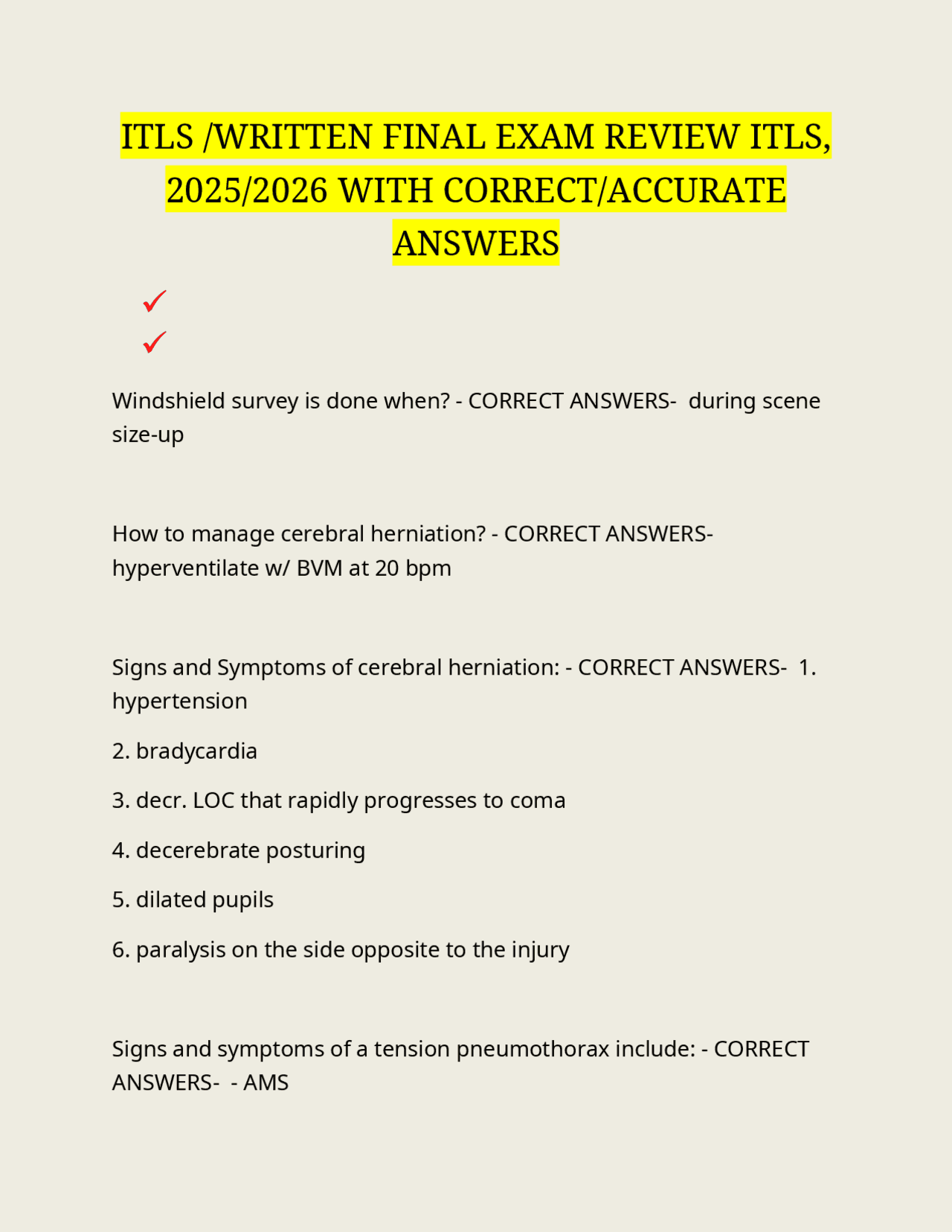ITLS /WRITTEN FINAL EXAM REVIEW ITLS, 2025/2026 WITH CORRECT/ACCURATE ...