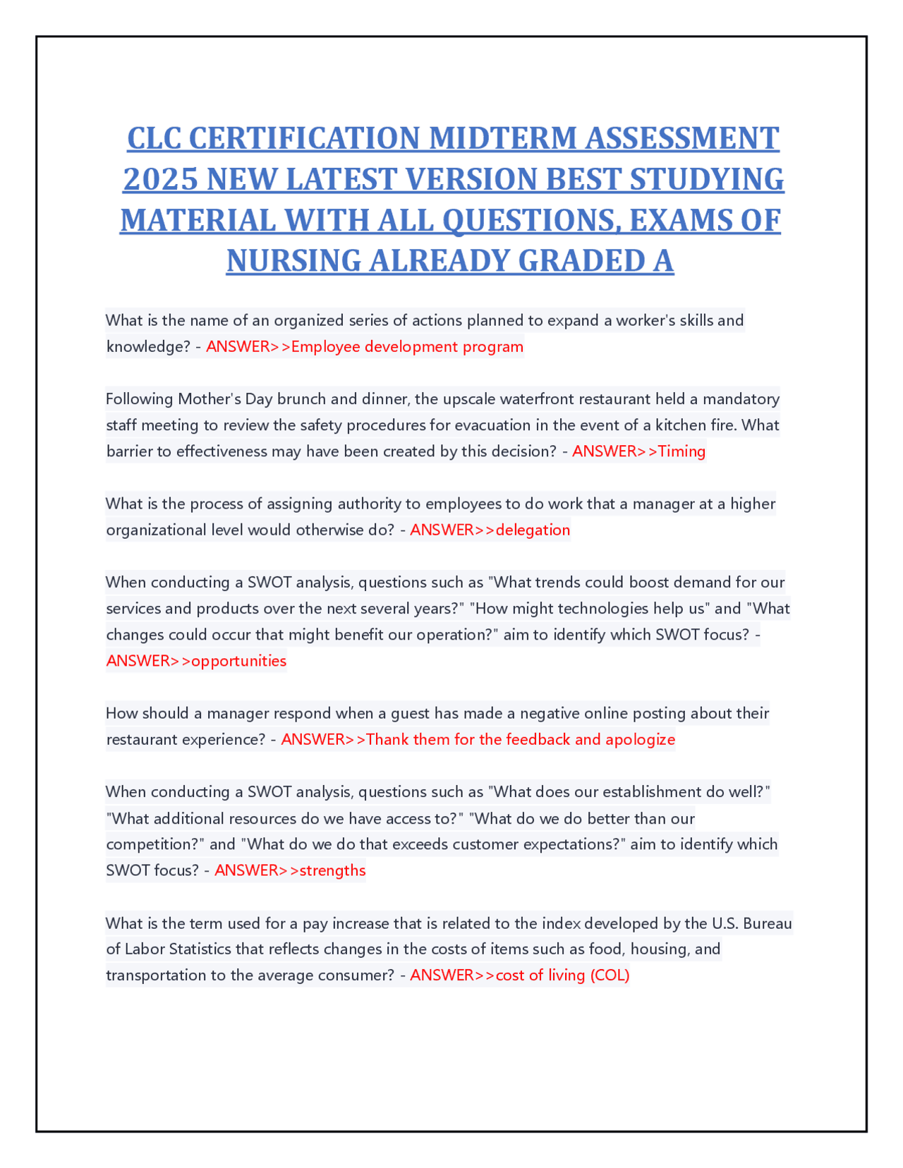 CLC CERTIFICATION MIDTERM ASSESSMENT 2025 NEW LATEST VERSION BEST ...