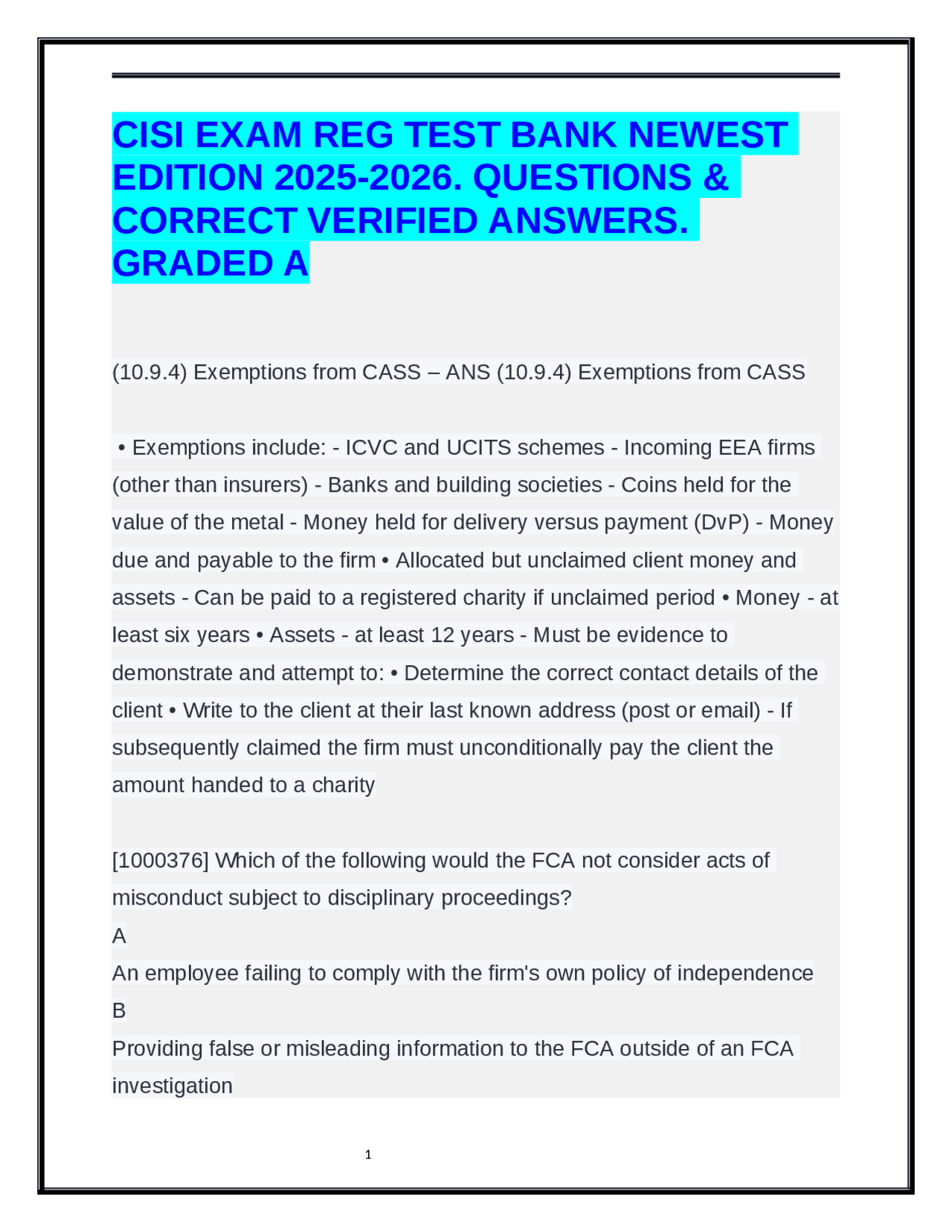 CISI EXAM REG TEST BANK NEWEST EDITION 2025-2026. QUESTIONS & CORRECT ...