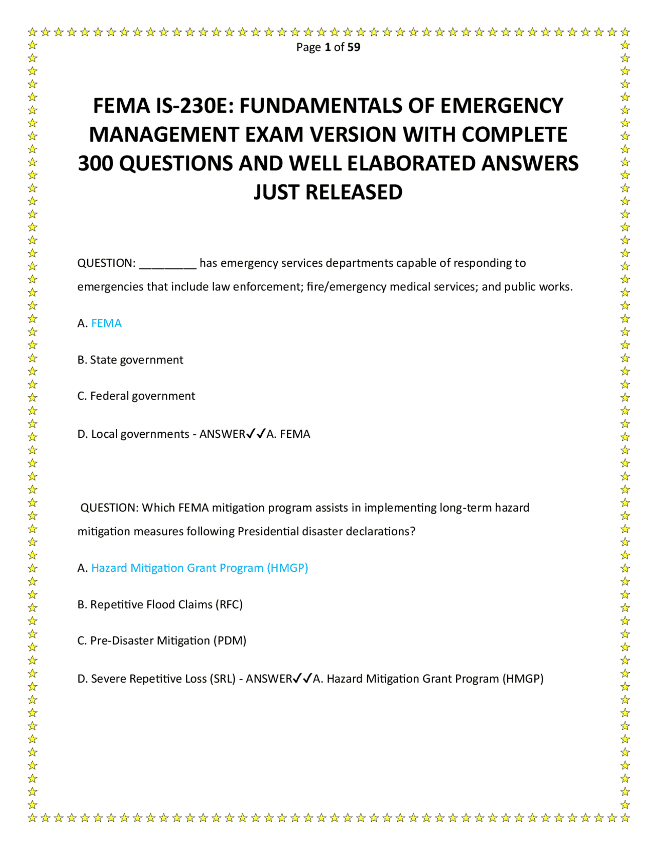 FEMA IS-230E FUNDAMENTALS OF EMERGENCY MANAGEMENT EXAM VERSION WITH ...