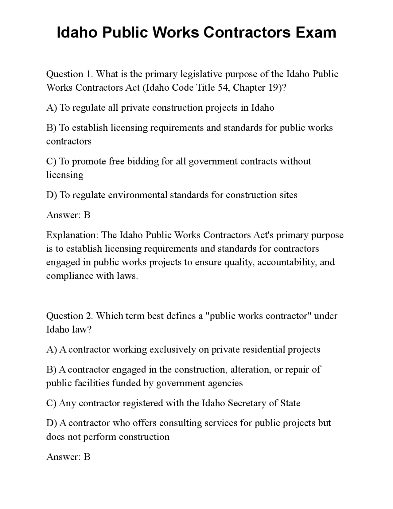 Idaho Public Works Contractors Exam | Exams Technology | Docsity
