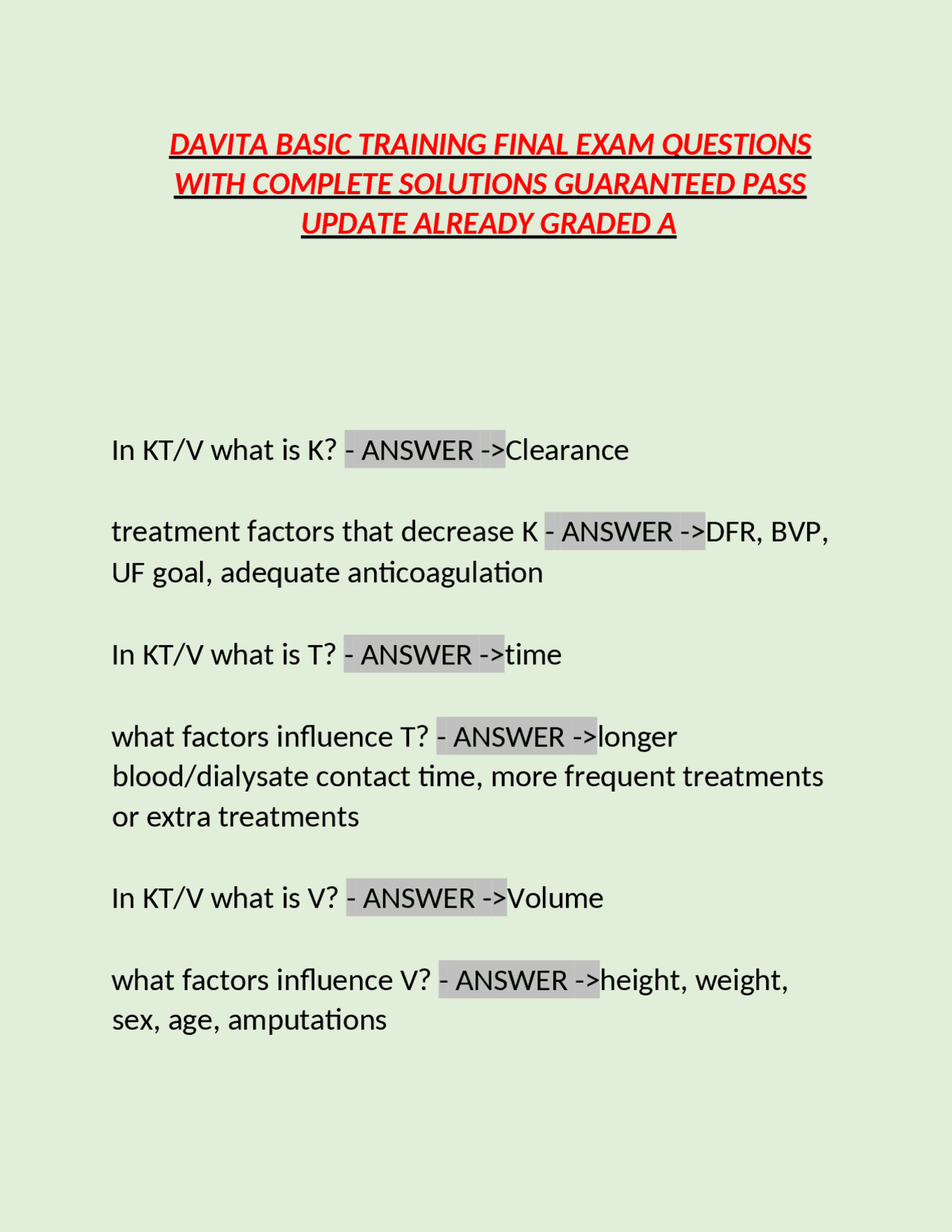 DAVITA BASIC TRAINING FINAL EXAM QUESTIONS WITH COMPLETE SOLUTIONS GUARANTEED PASS UPDATE ...