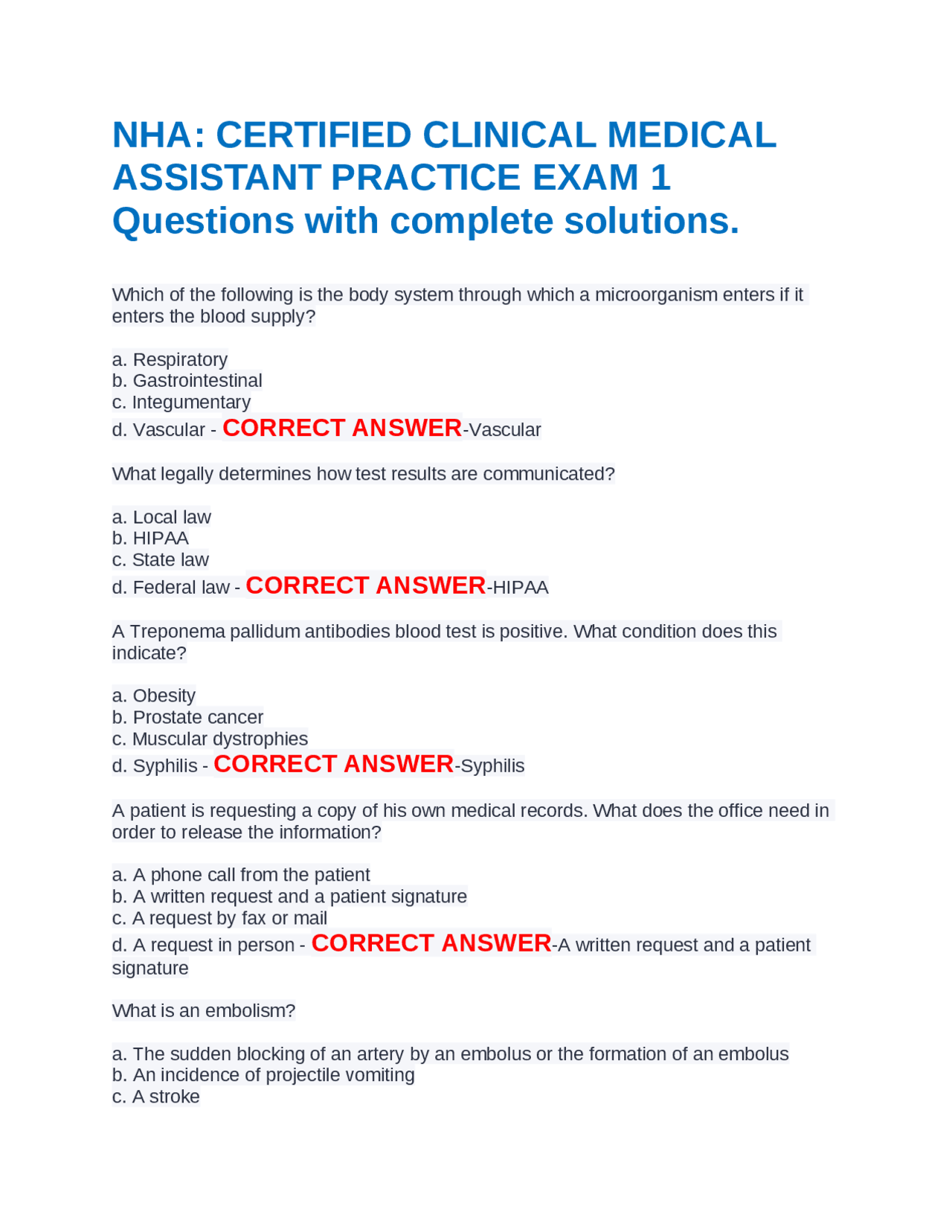 NHA: CERTIFIED CLINICAL MEDICAL ASSISTANT PRACTICE EXAM 1 Questions ...