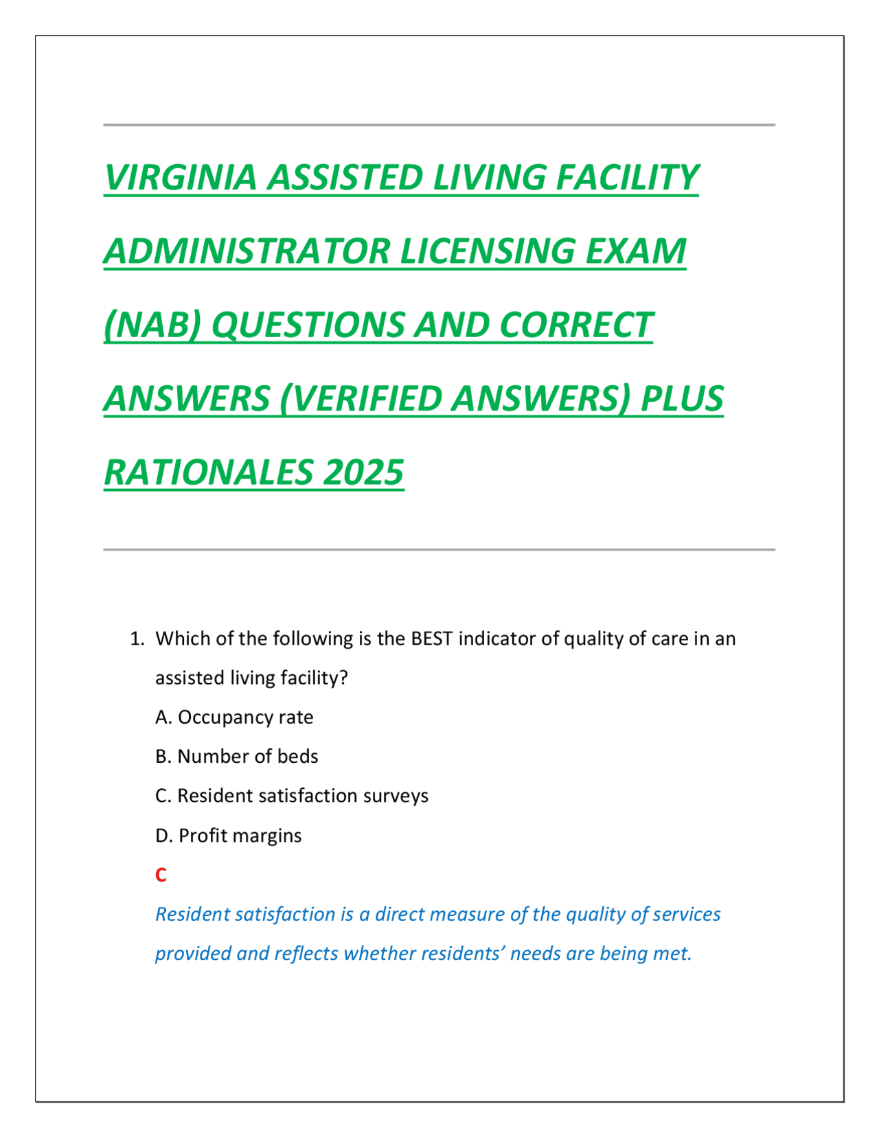 VIRGINIA ASSISTED LIVING FACILITY ADMINISTRATOR LICENSING EXAM (NAB ...